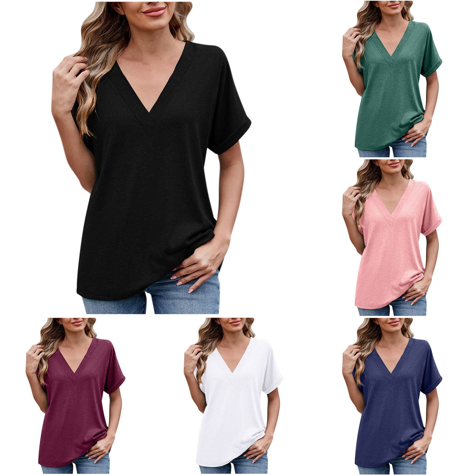 DDAPJ pyju Summer Tops for Women Deep V Neck Short Sleeve T-shirts ...