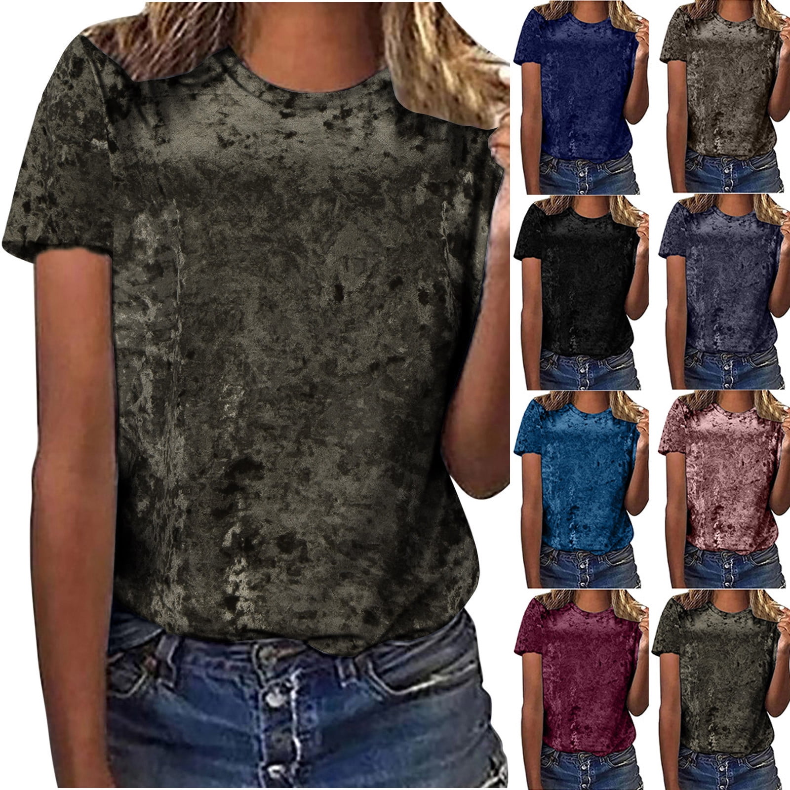 DDAPJ pyju Velvet T Shirts for Women Short Sleeve Round Neck Velour ...