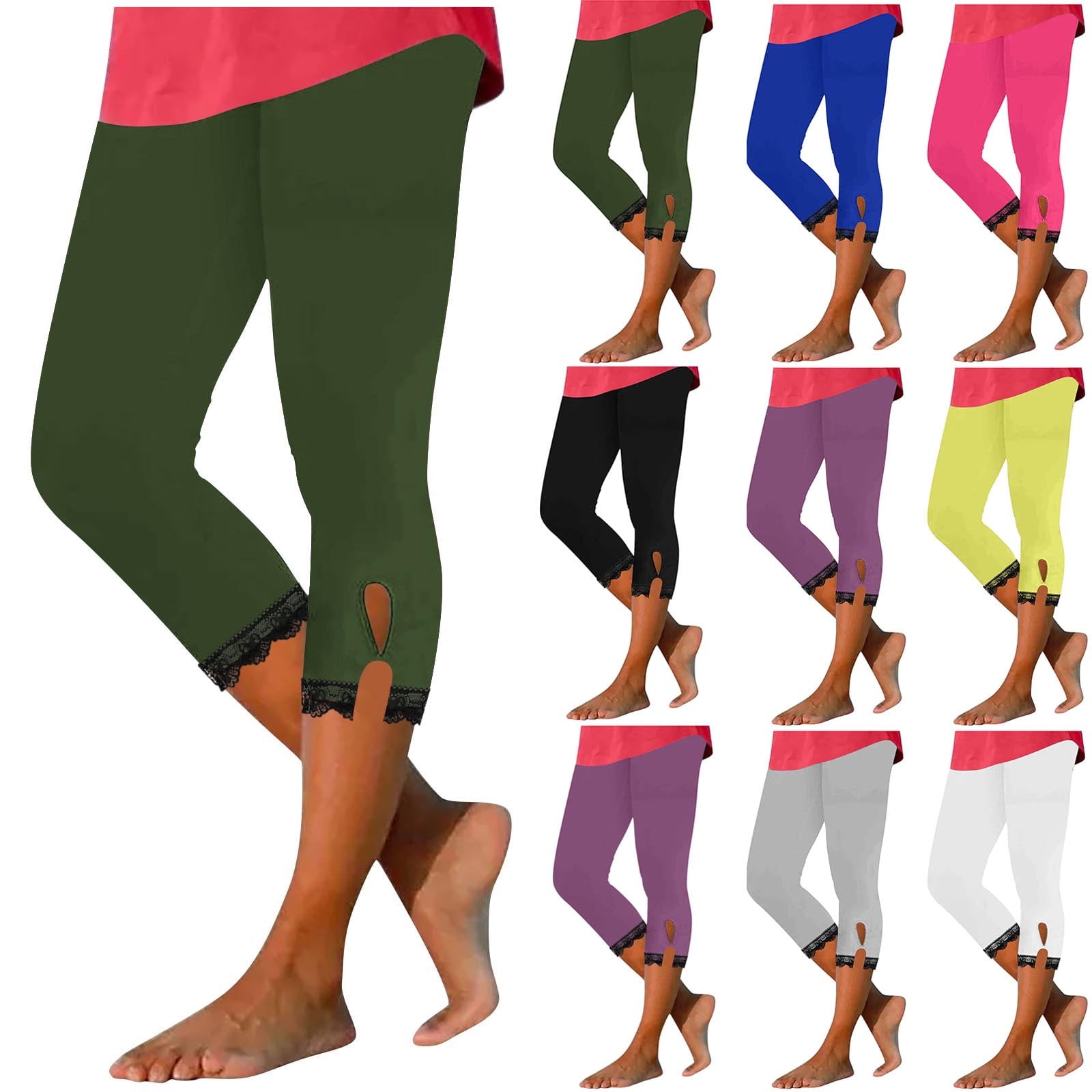 DDAPJ pyju Women Capris High Waist Yoga Pants Hollow Out Lace Trim ...