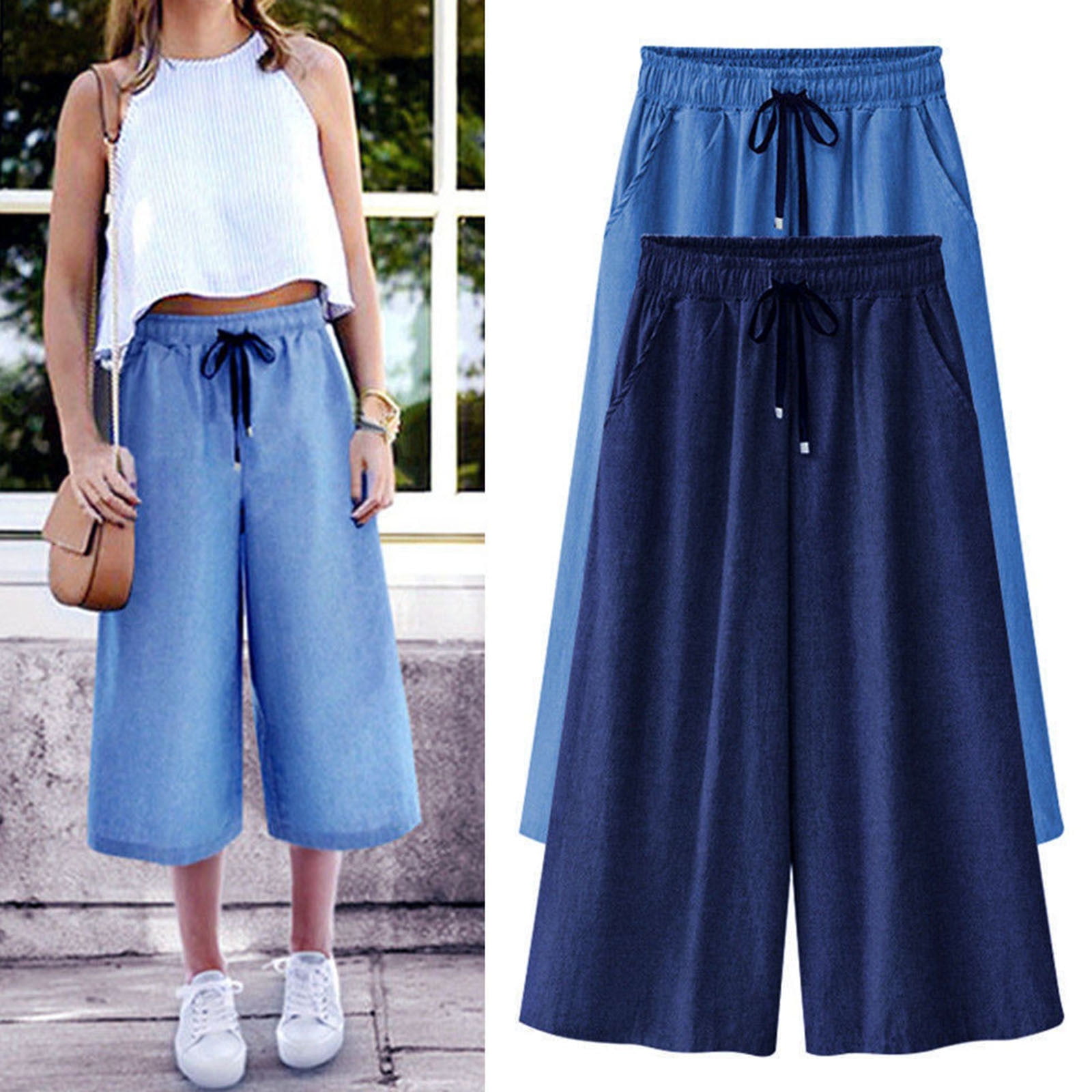 DDAPJ pyju Women Elastic Waist Wide Leg Capris Cropped Denim Pants ...