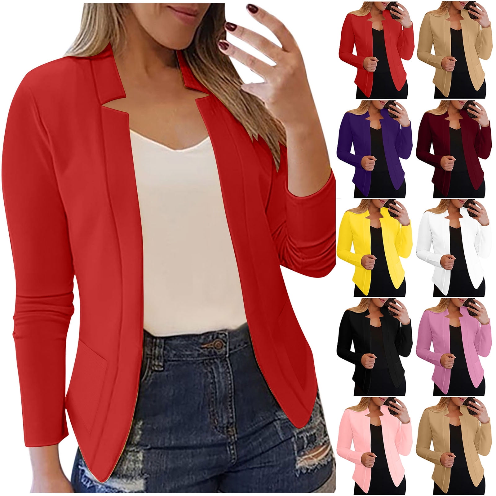 DDAPJ pyju Women Long Sleeve Blazers Lightweight Slim Open Front Business Jacket Notched Collar ...