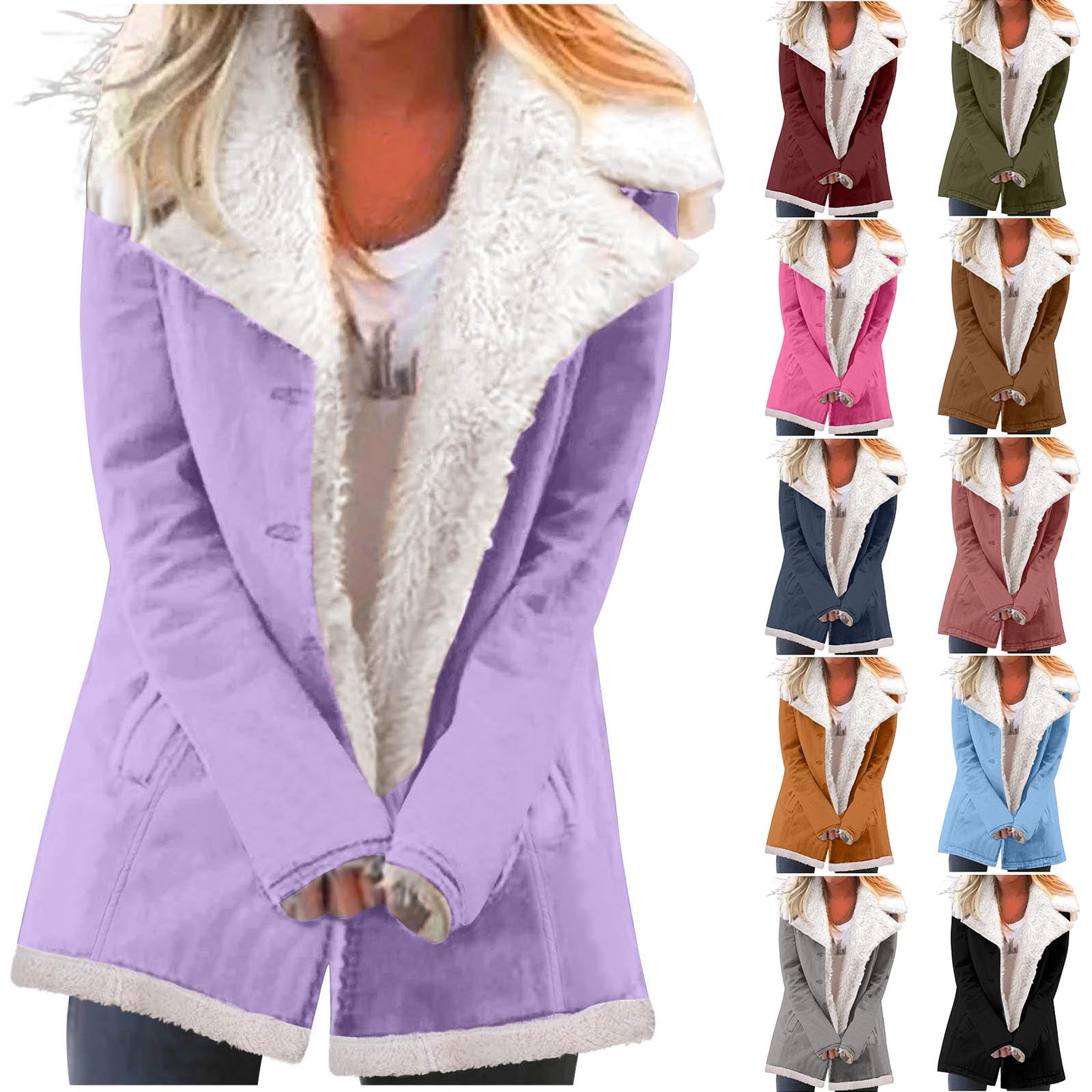 DDAPJ pyju Women Notched Collar Single Breasted Sherpa Fleece Lined ...