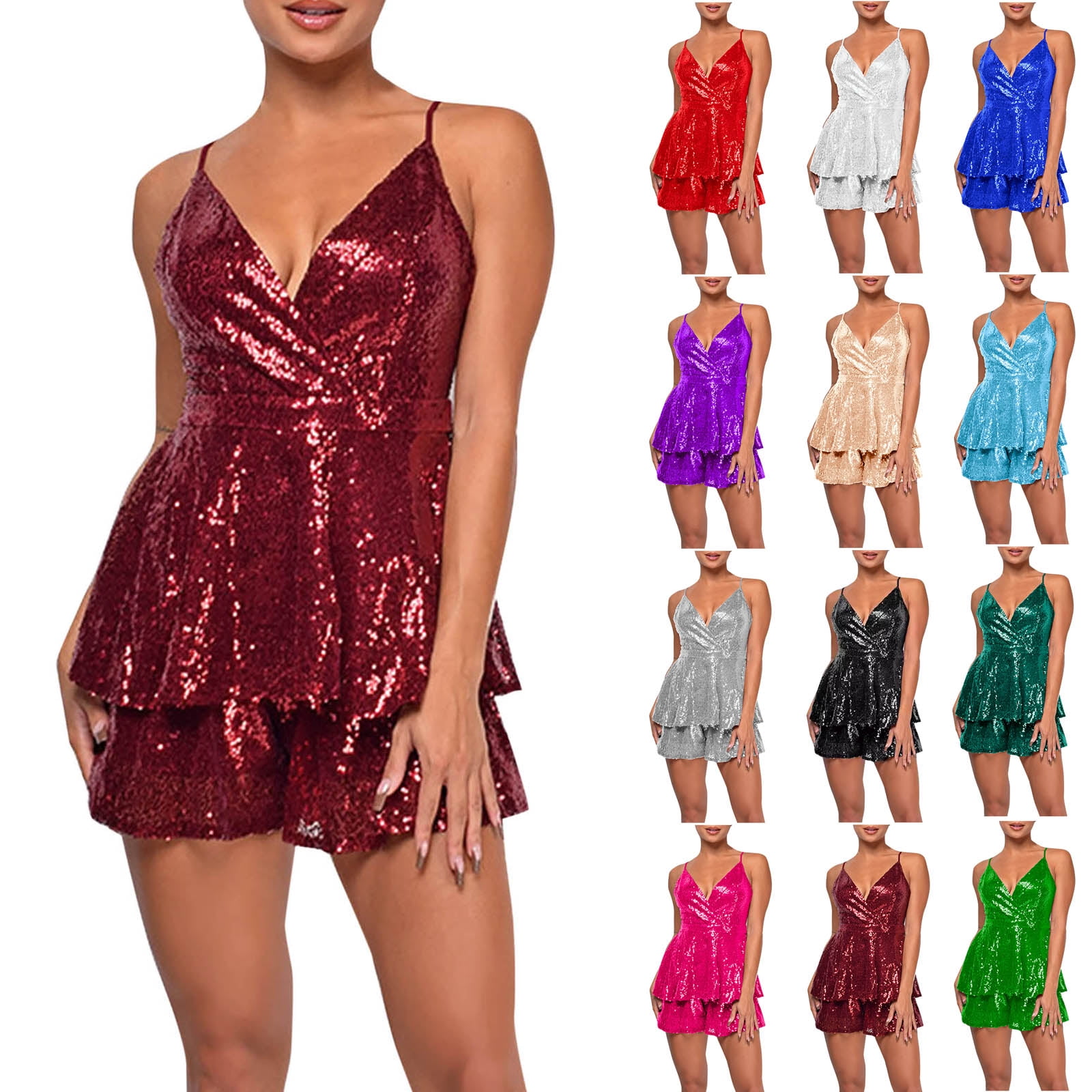 DDAPJ pyju Women Sequin Jumpsuit Deep-V Mini Sling Romper Dance Party ...