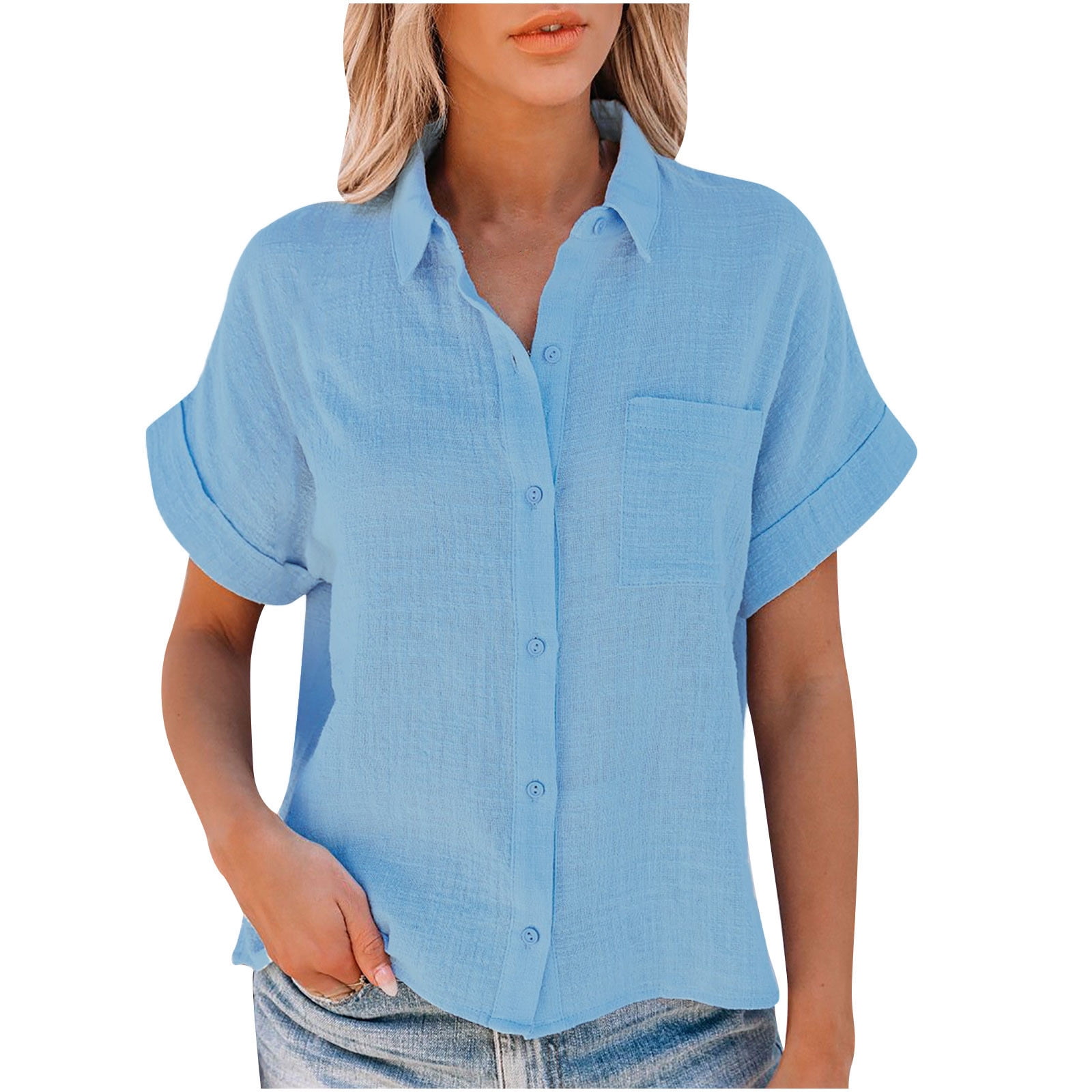 DDAPJ pyju Women Short Sleeve Cotton Linen Blouses,Button Down Business ...