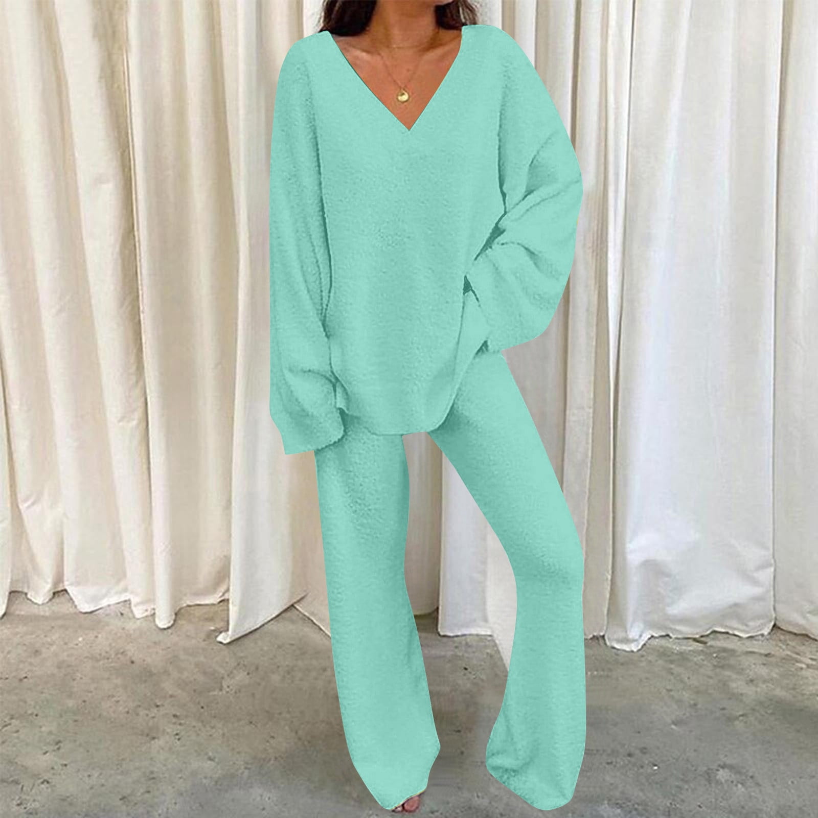 Ddapj Pyju Womens 2 Piece Lounge Sets Solid Long Sleeve Casual V Neck