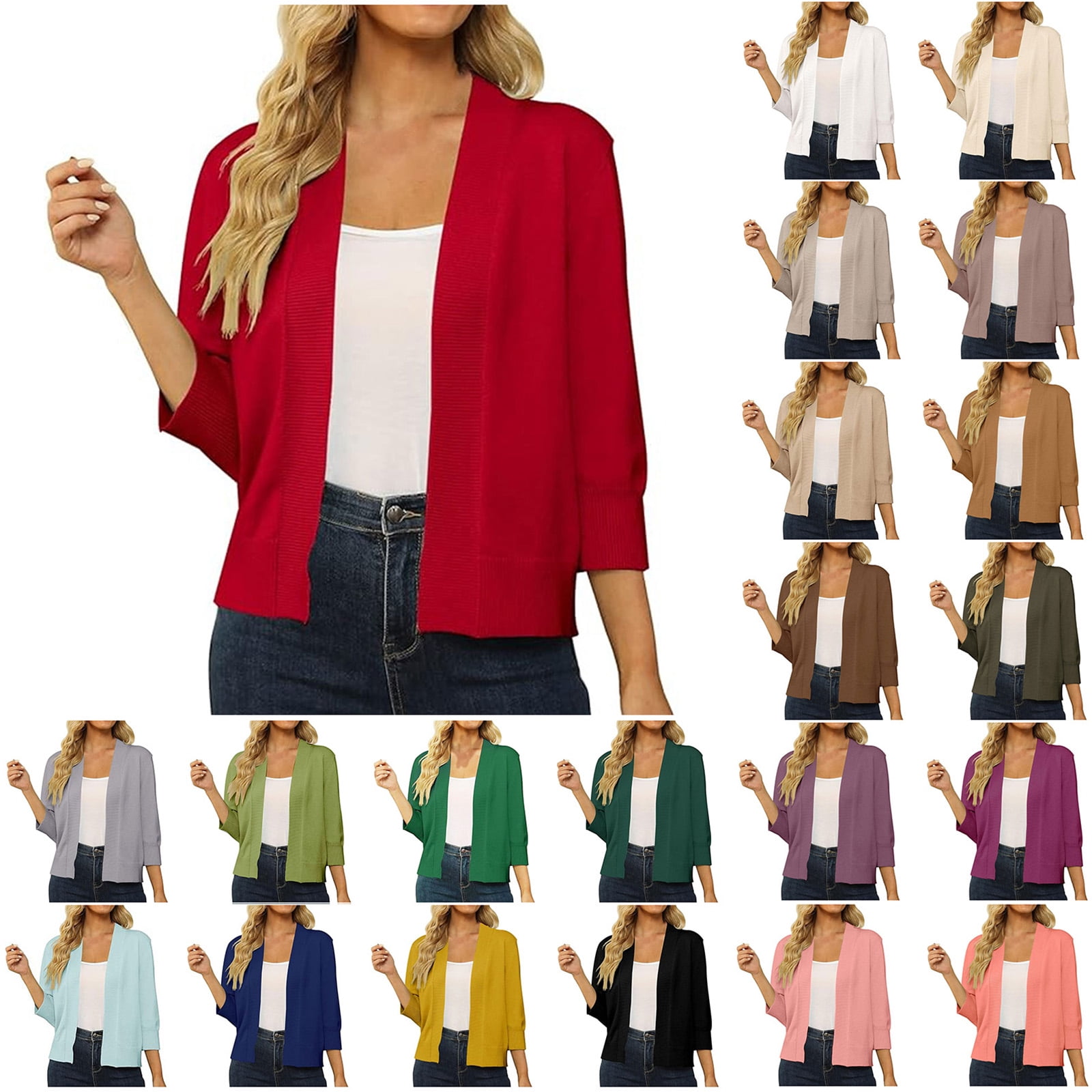 DDAPJ pyju Women's 3/4 Sleeve Cropped Cardigan Sweaters Basic Solid ...