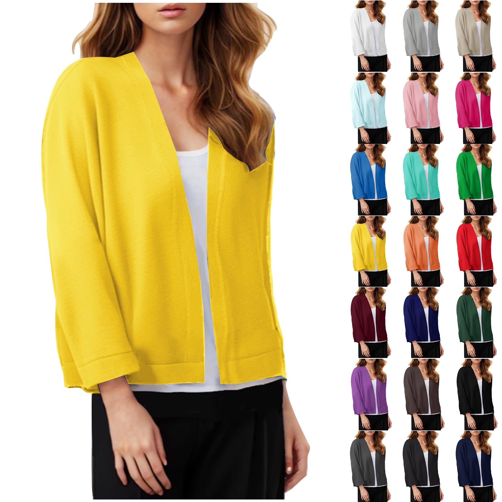 DDAPJ pyju Women's 3/4 Sleeve Cropped Cardigans Sweaters Jackets Open ...