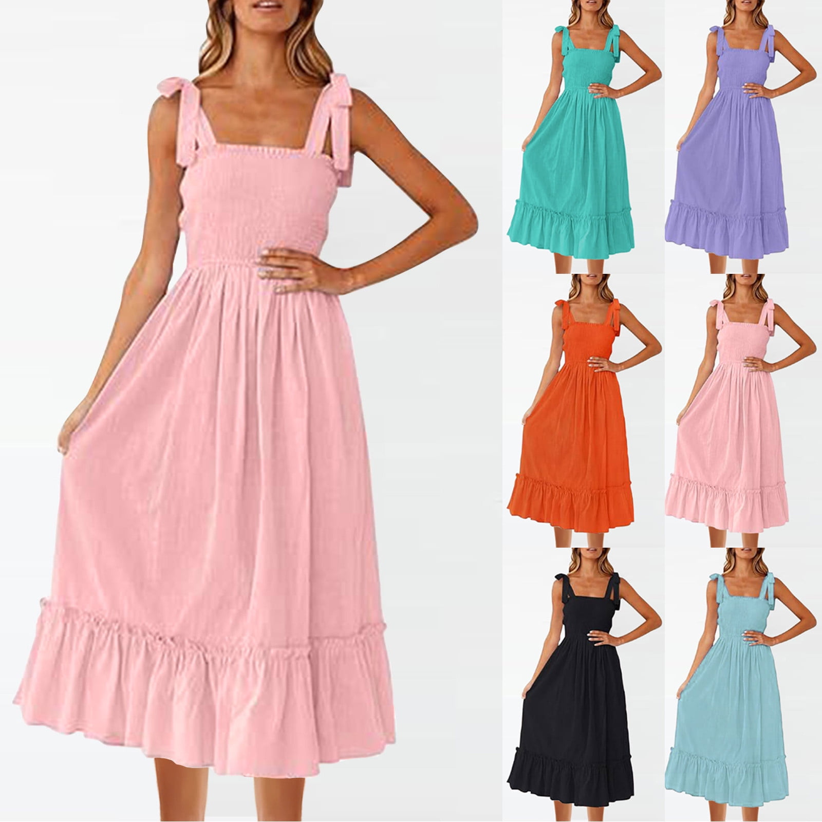 DDAPJ pyju Women's Boho Dress Flowy Beach Sundresses Spaghetti Strap ...