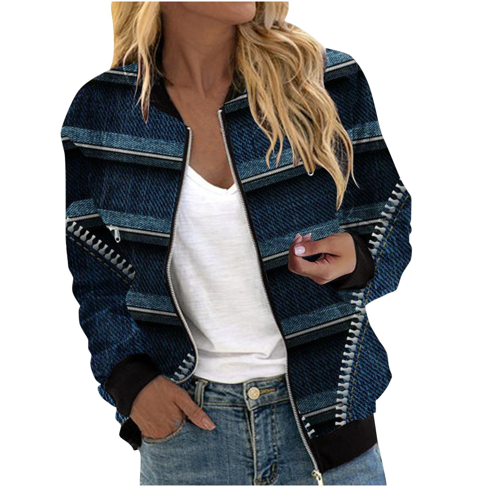 DDAPJ pyju Women's Classic Full Zip Bomber Jacket 2023,Long Sleeve Color Block Casual Coat Stand ...