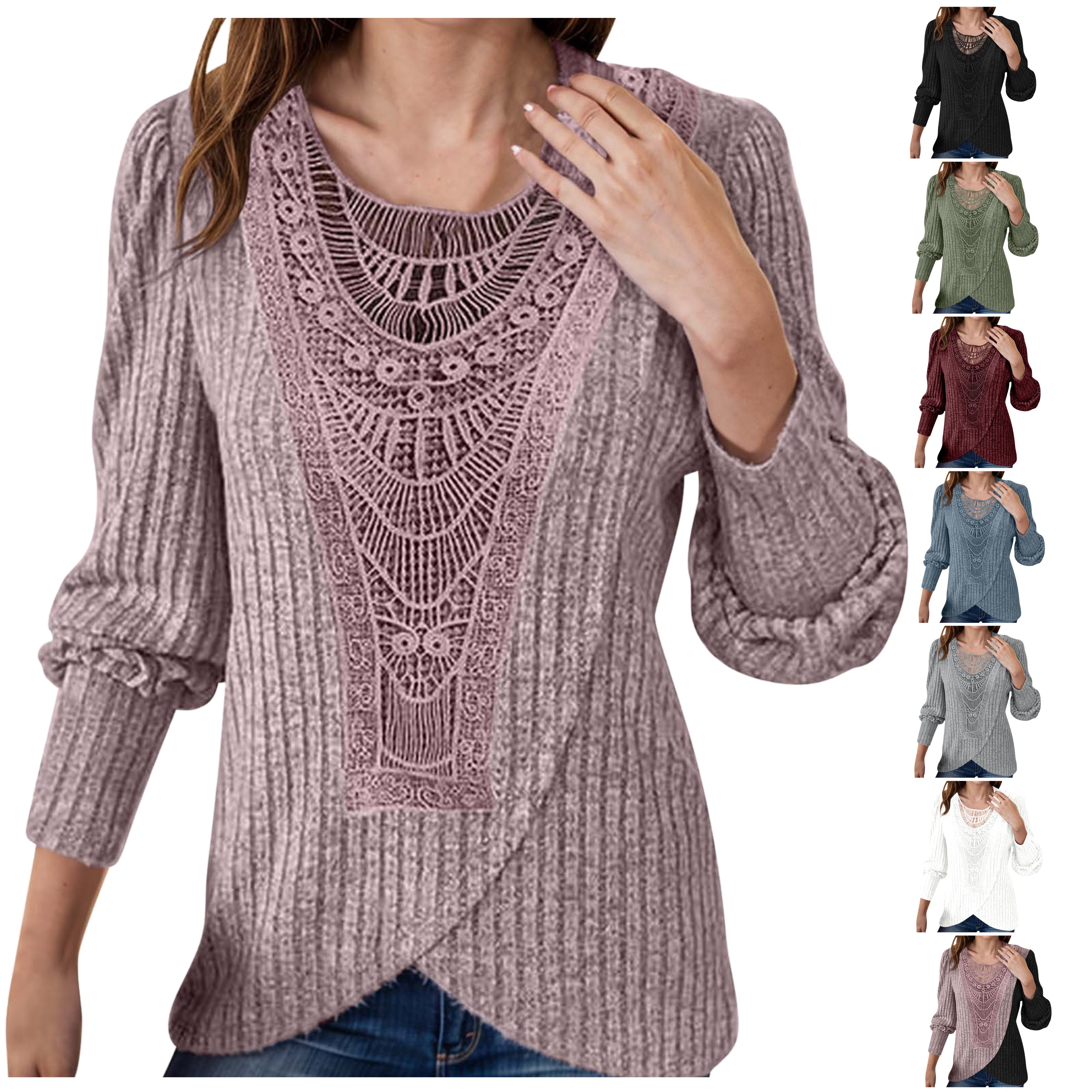 DDAPJ pyju Women’s Fall Bobo Knitted Sweatshirts Long Sleeve Lace Patch ...