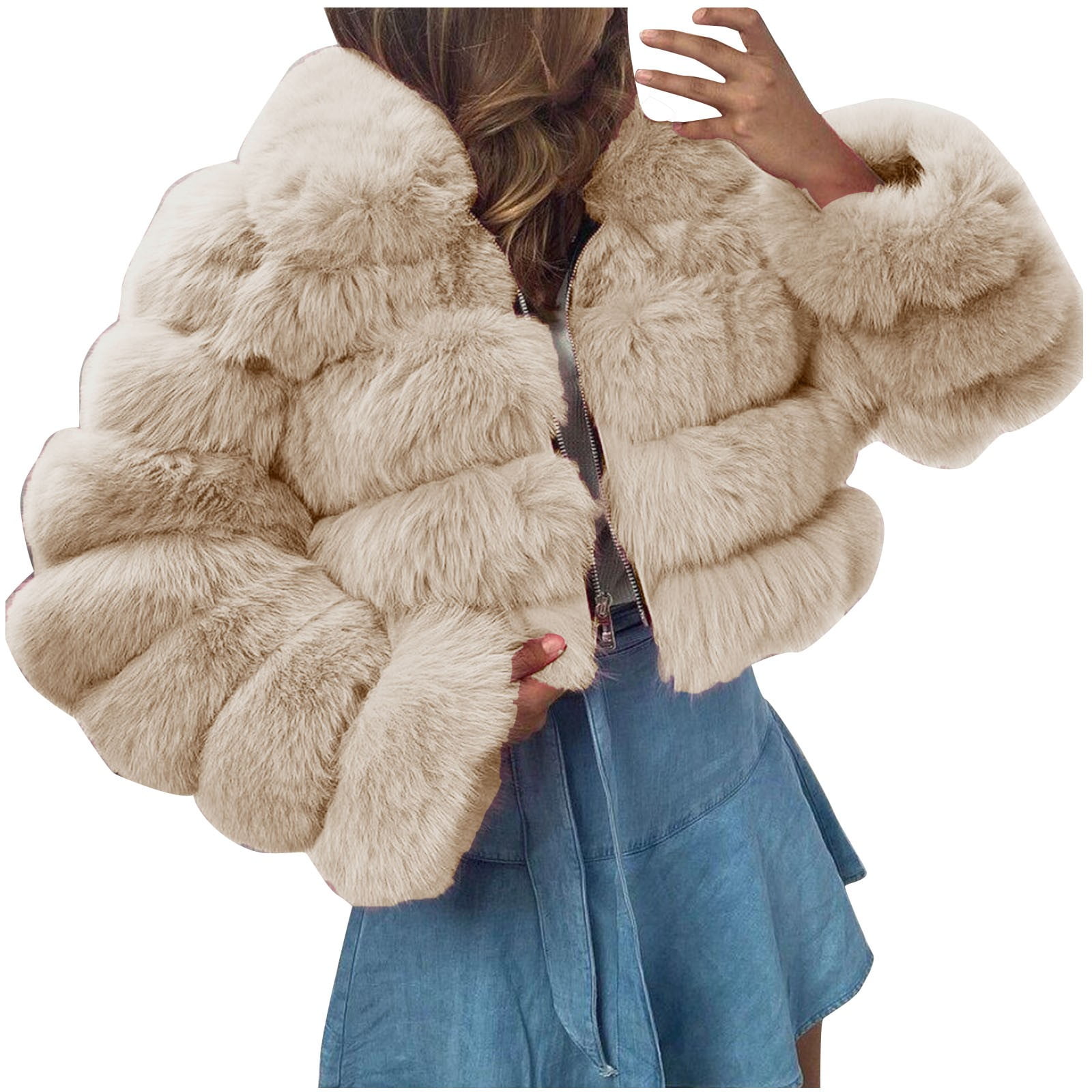 DDAPJ pyju Women's Faux Fur Cropped Jacket 2023 Clearance,Long Sleeve Zip Up Fluffy Fleece ...