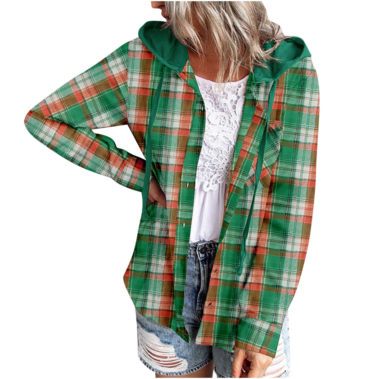 DDAPJ pyju Women's Flannel Hoodie Jacket, Button Down Plaid Shirts Open ...