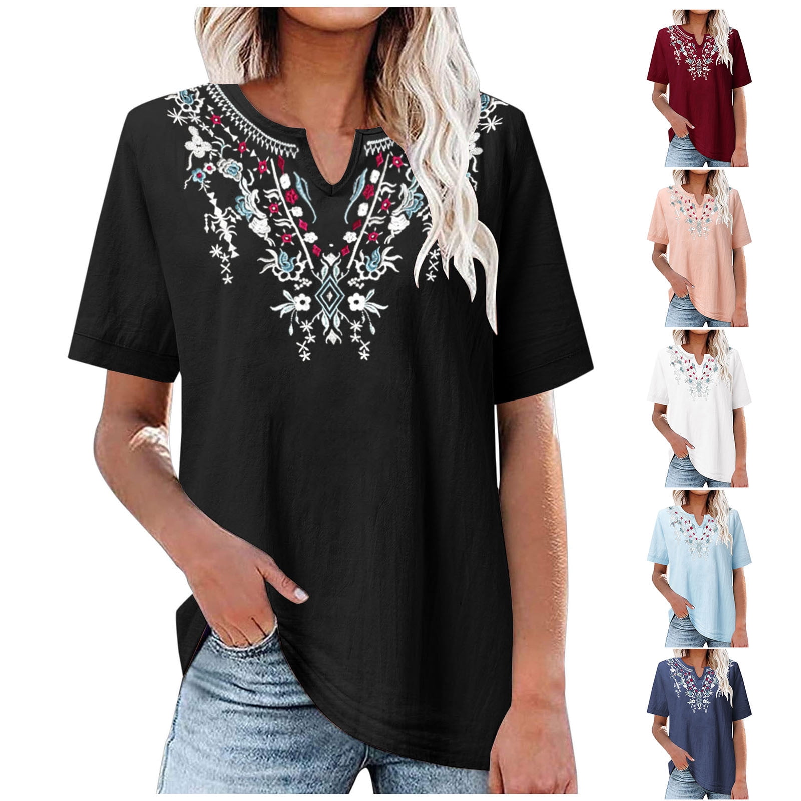 DDAPJ pyju Women's Floral Embroidered Blouse Short Sleeve Cotton Linen ...