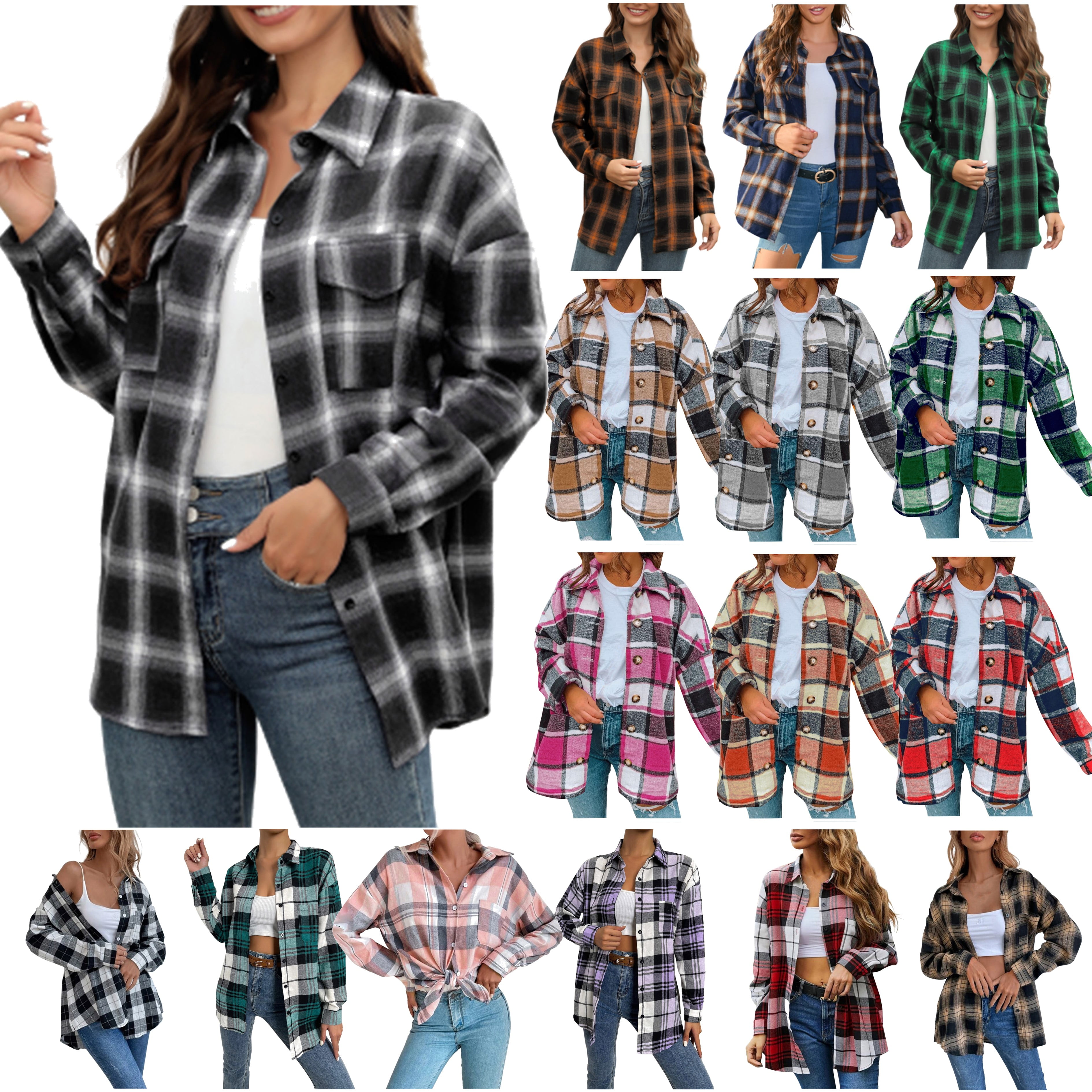 DDAPJ pyju Women's Plaid Long Sleeve Shirt Button Down Thin Jacket ...