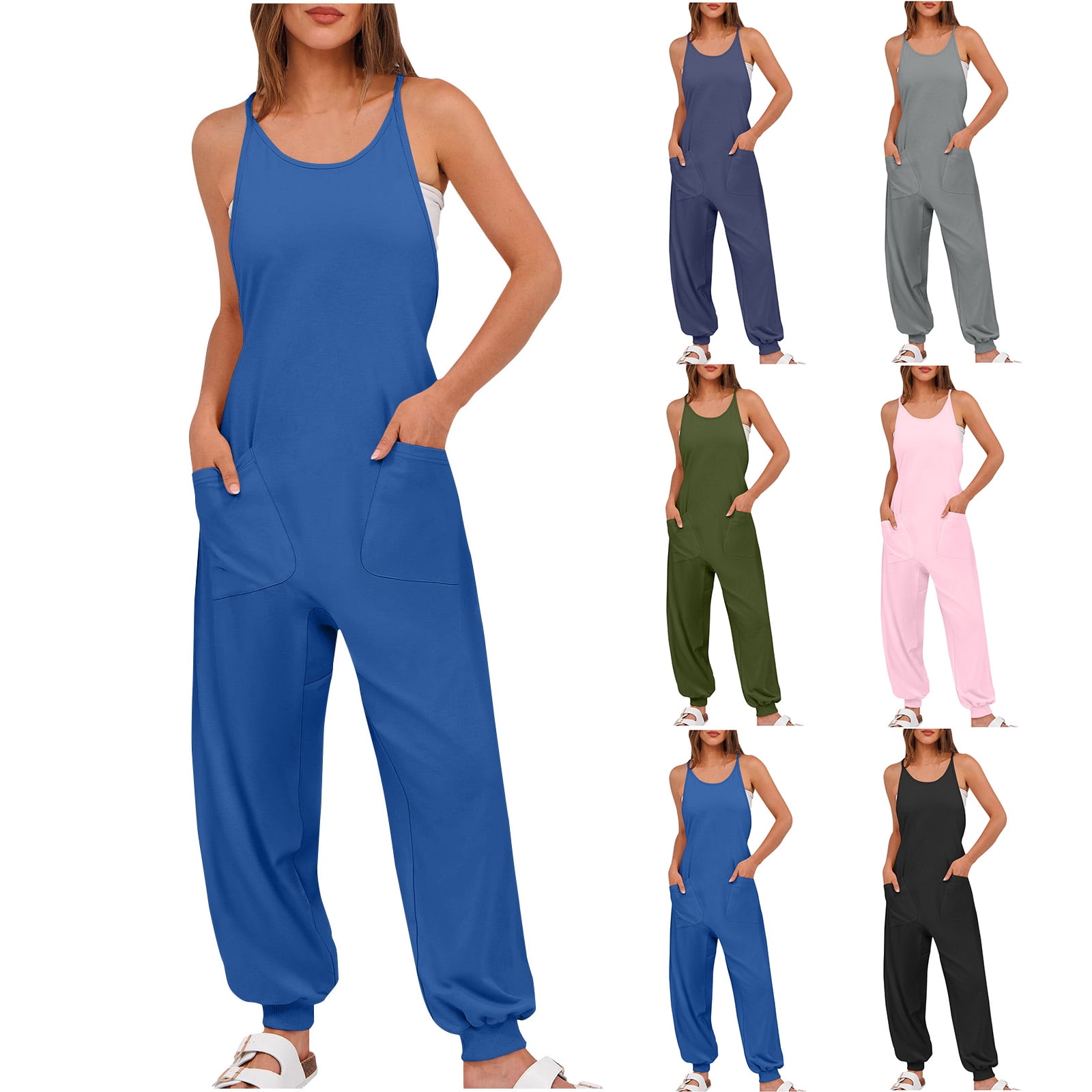 DDAPJ pyju Women's Sleeveless Jumpsuits Spaghetti Straps Harem Long ...