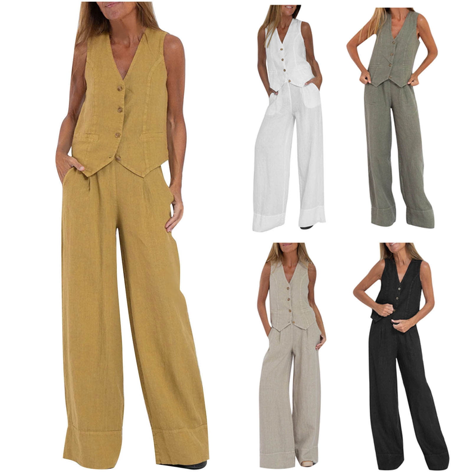 DDAPJ pyju Women's Summer 2 Piece Outfits Sleeveless V Neck 4 Button ...