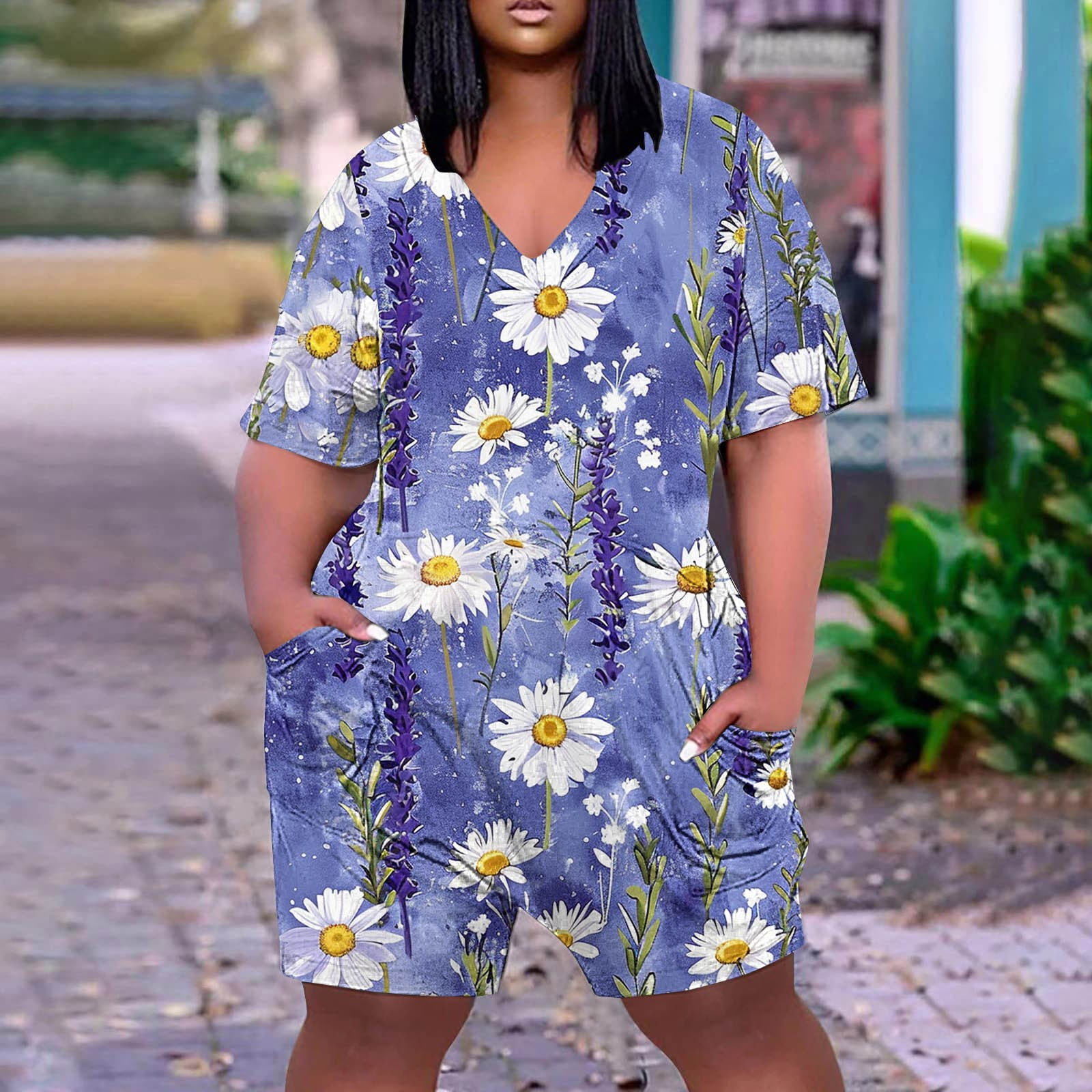 DDAPJ pyju Women's Summer Casual Rompers Plus Size Short Sleeve V Neck ...