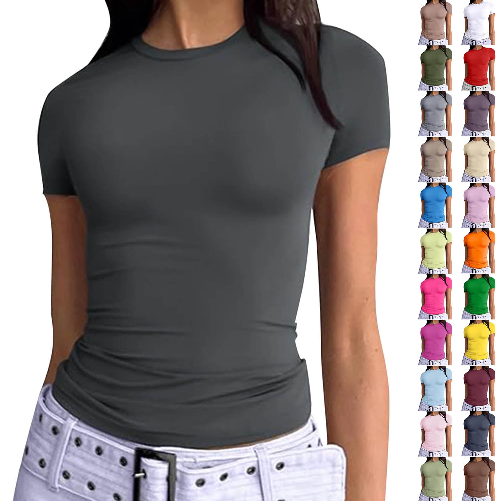 DDAPJ pyju Women's Tight T Shirts Summer Casual Short Sleeve Crewneck ...