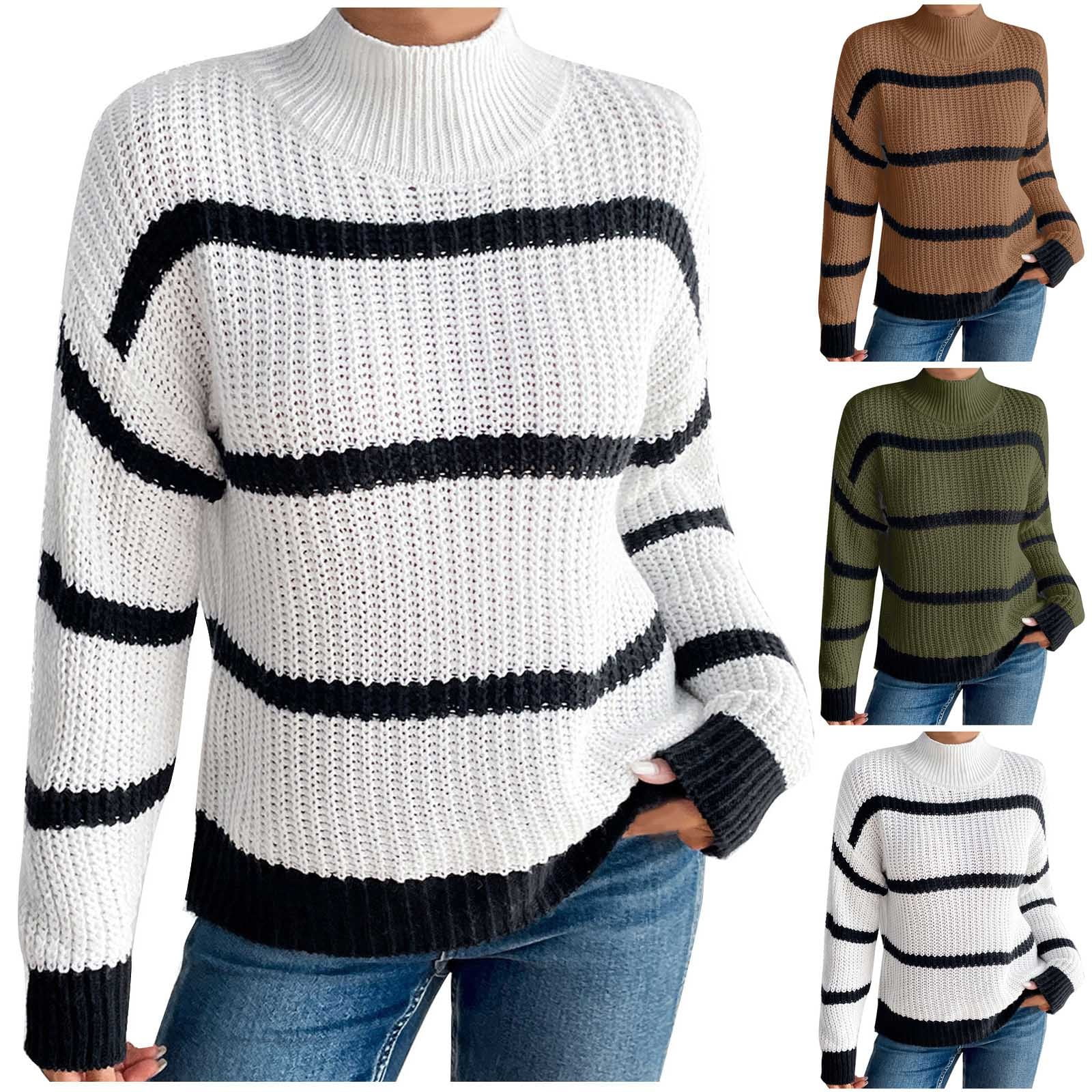 DDAPJ pyju Women's Turtleneck Tunic Sweaters Trendy Striped Long Sleeve ...