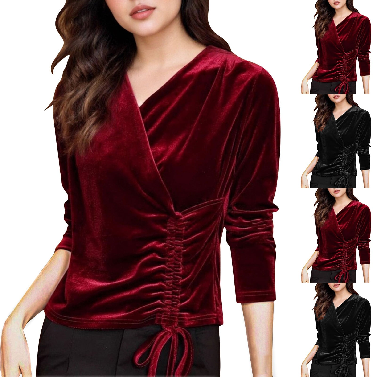 DDAPJ pyju Women's Wrap V Neck Velvet Tops Drawstring Side Dressy ...