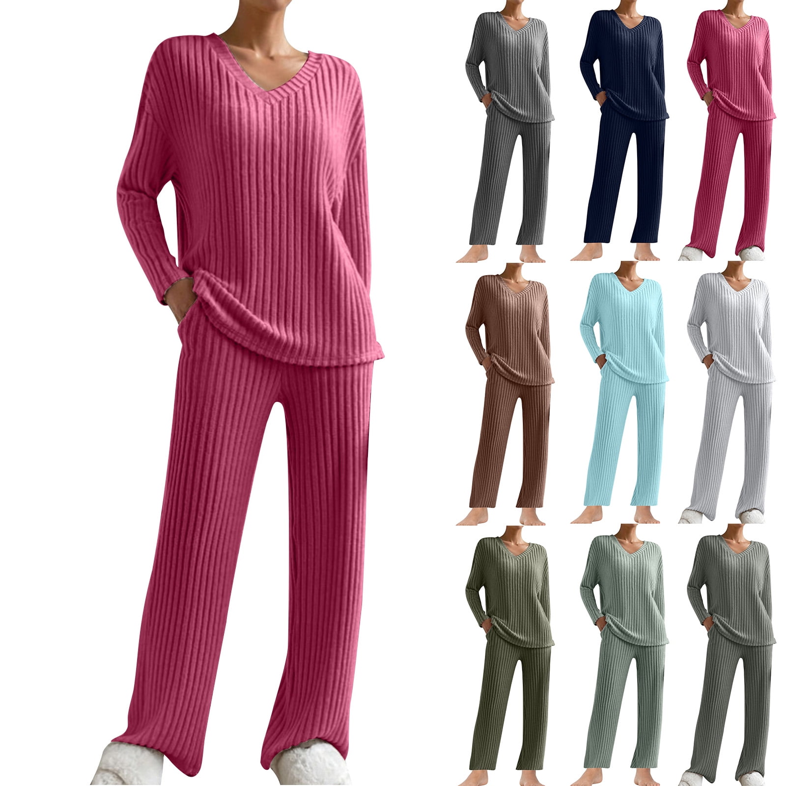 DDAPJ pyju Womens 2 Piece Outfits Lounge Sets with Pockets Long Sleeve ...