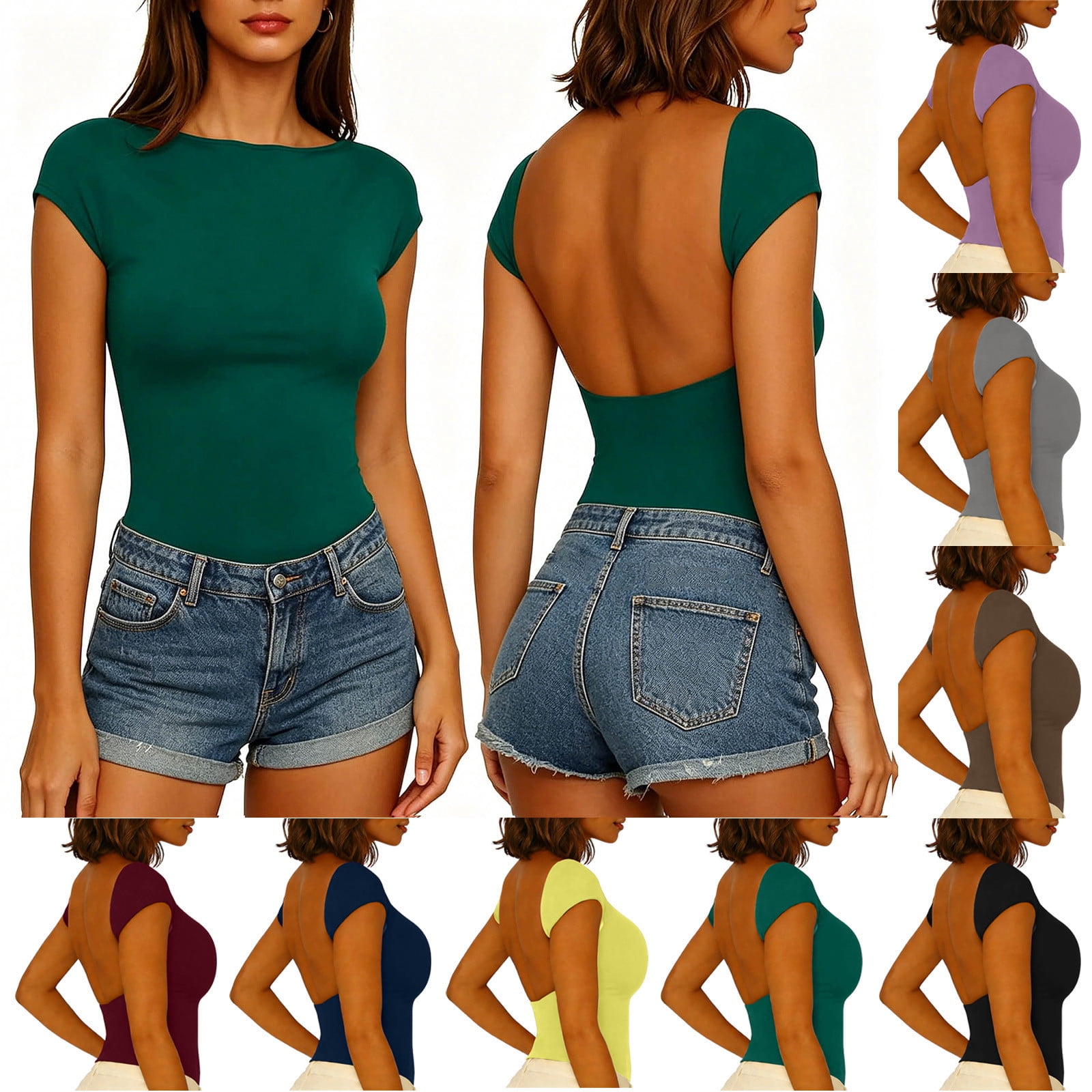 DDAPJ pyju Womens Backless Crop Tops Boat Neck Short Sleeve Cropped T ...