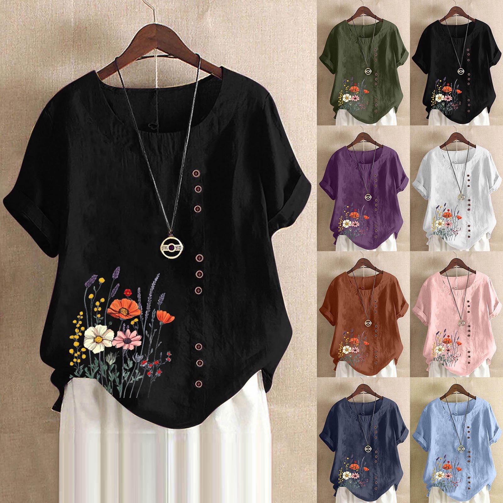 DDAPJ pyju Womens Boho Linen Tops Floral Print Short Sleeve Crewneck ...