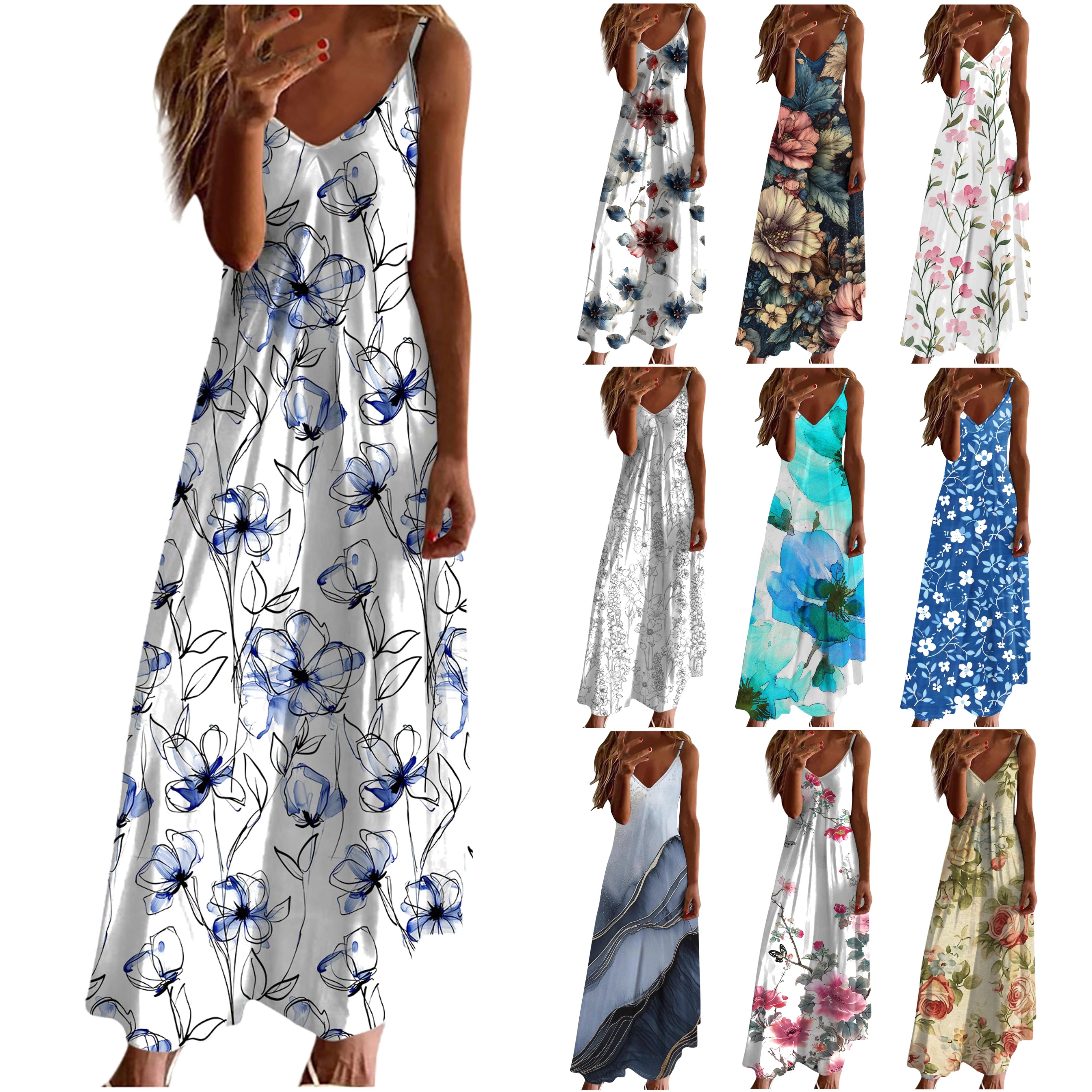 DDAPJ pyju Womens Boho Summer Dresses Floral Print V Neck Spaghetti ...