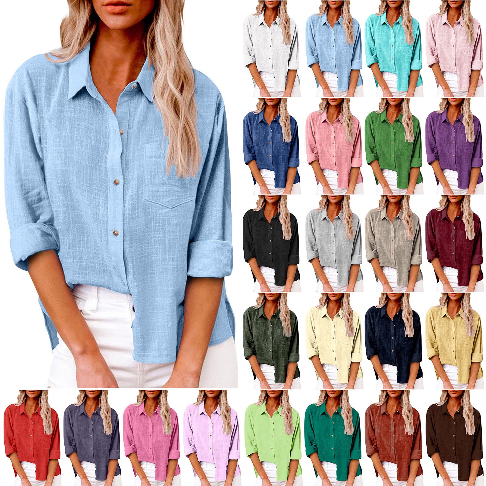 DDAPJ pyju Womens Button Down Shirts Rolled Up Long Sleeve Cotton Linen ...
