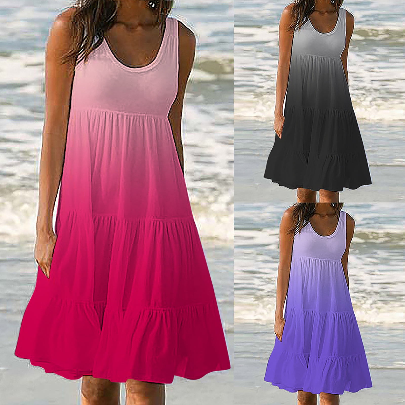 DDAPJ pyju Womens Casual Summer Dresses Flowy Beach Sundresses Gradient ...