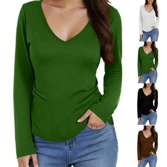 DDAPJ pyju Womens Deep V Neck Long Sleeve Shirts Ribbed Knit Base Layer ...