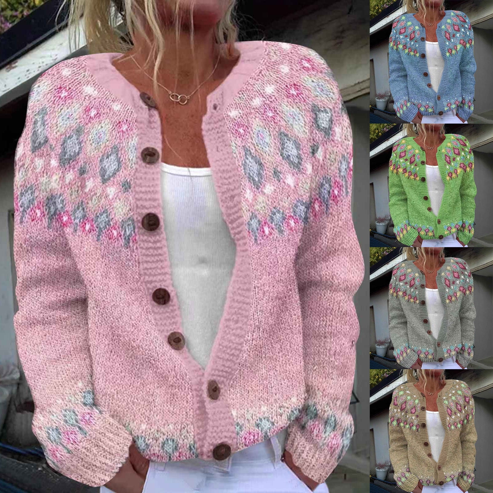 DDAPJ pyju Womens Fair Isle Sweater Button Up Long Sleeve Cardigans ...