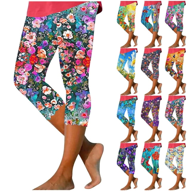 DDAPJ pyju Womens Floral Print Capri Leggings Boho Summer Cropped Pants ...