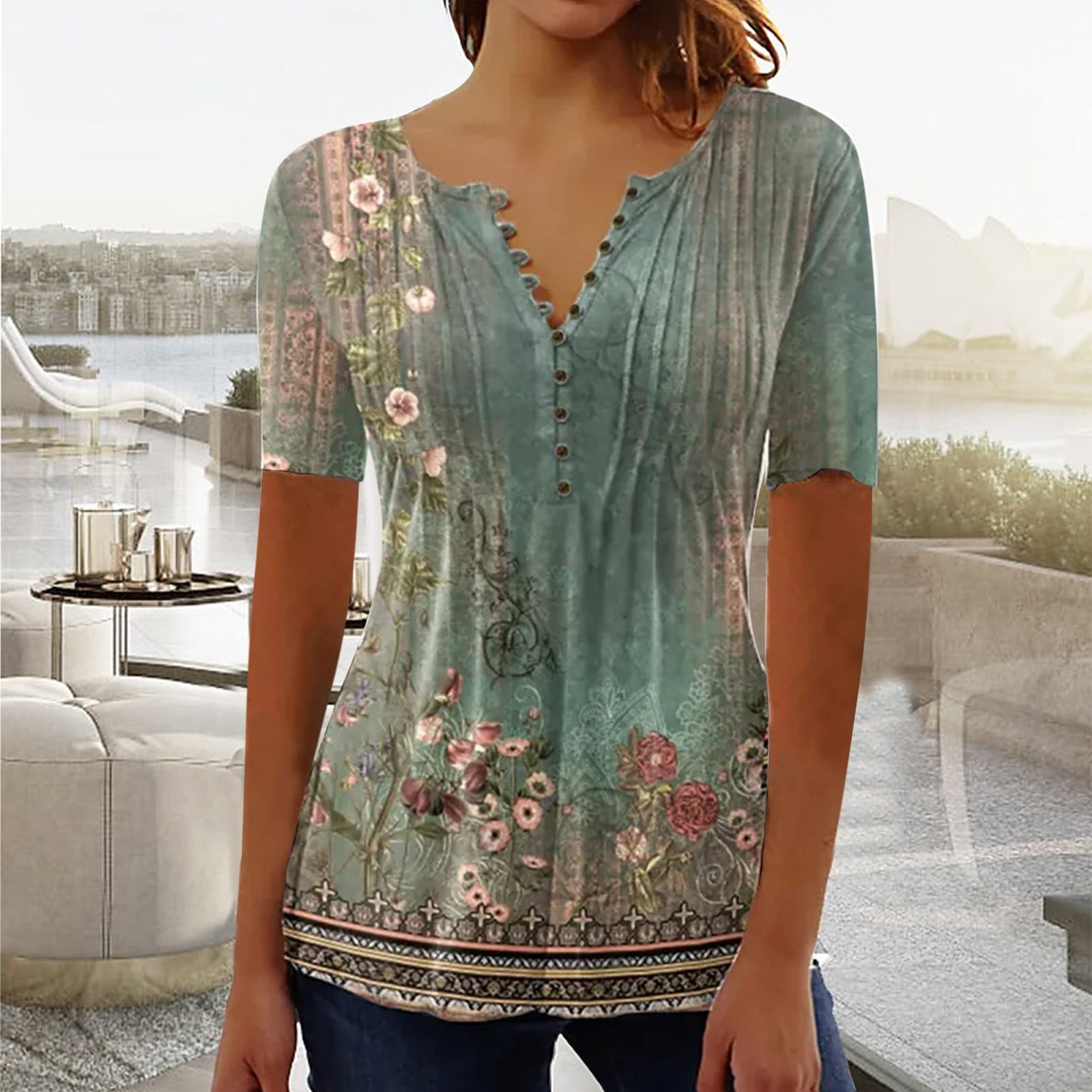DDAPJ pyju Womens Floral Print Tunic Tops Short Sleeve Hide Belly Shirt ...