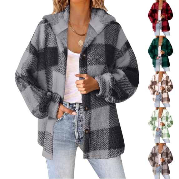DDAPJ pyju Womens Fuzzy Fleece Plaid Jacket Button Down Hooded ...