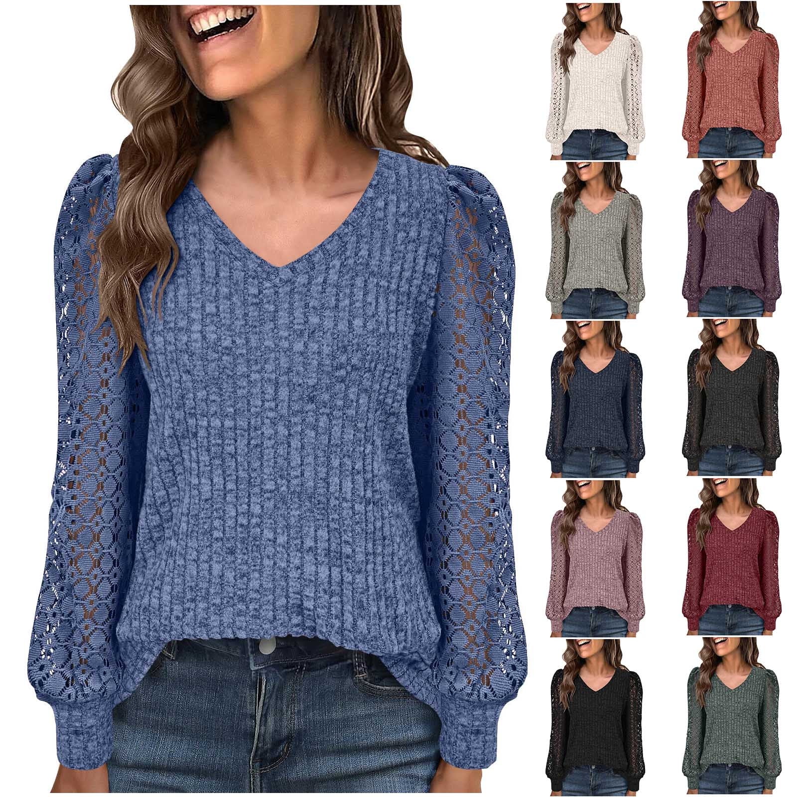 DDAPJ pyju Womens Long Sleeve Ribbed Knit Shirts V-Neck Lace Tops Business Casual Blouses Tee ...