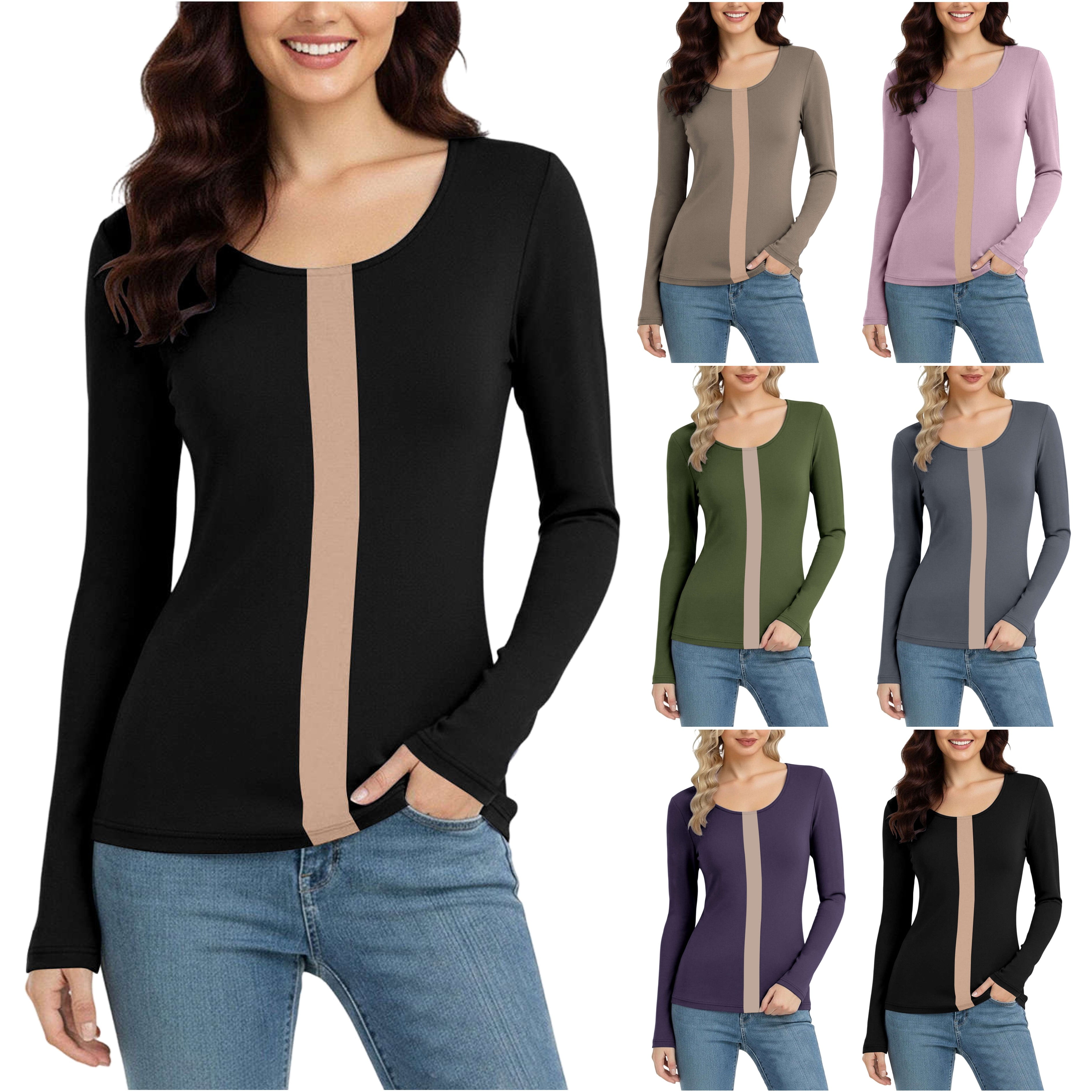 DDAPJ pyju Womens Long Sleeve Round Neck Top Color Block Casual T Shirt ...