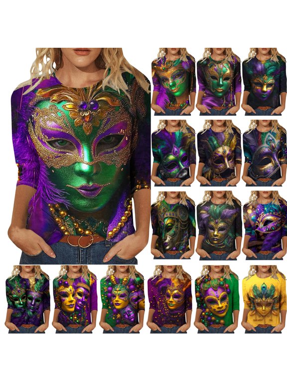 Aloohaidyvio Tops Clearance,Womens Mardi Gras Loose 3/4 Sleeve Mask ...