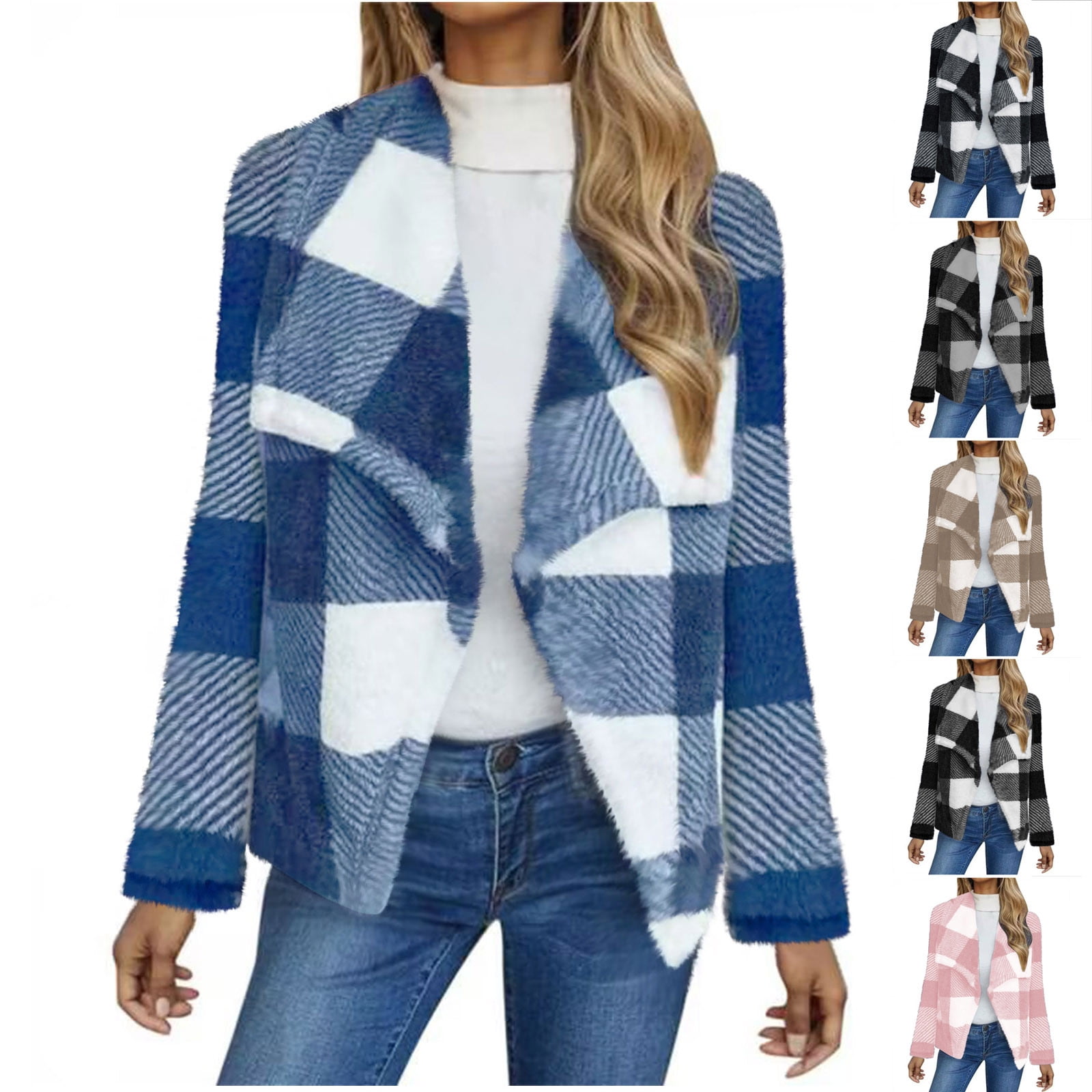 DDAPJ pyju Womens Plaid Fleece Jackets Lapel Sherpa Coat Fuzzy Warm ...