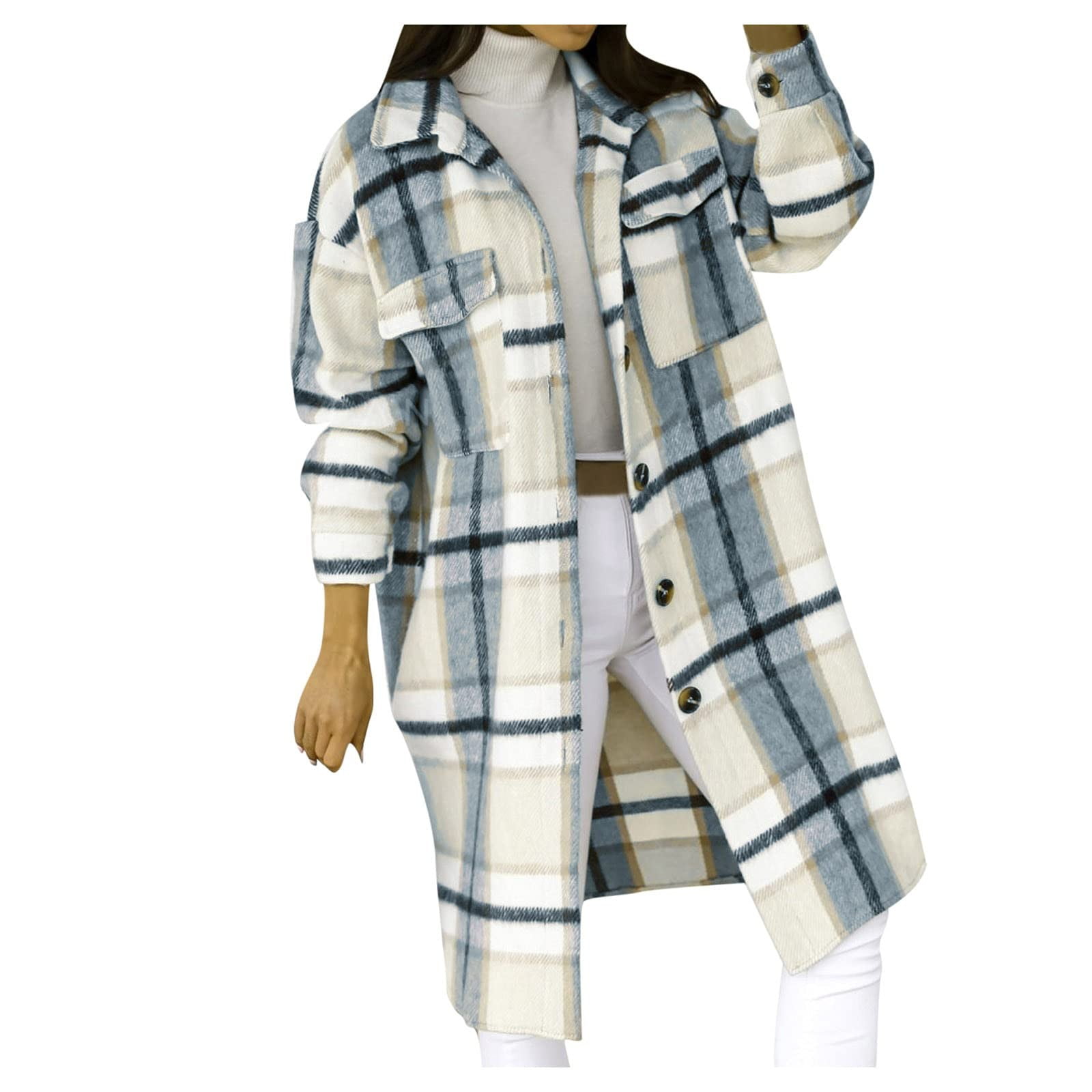 DDAPJ pyju Womens Plaid Shacket Jacket 2023 Clearance, Long Wool Blend Coat Long Sleeve Button ...