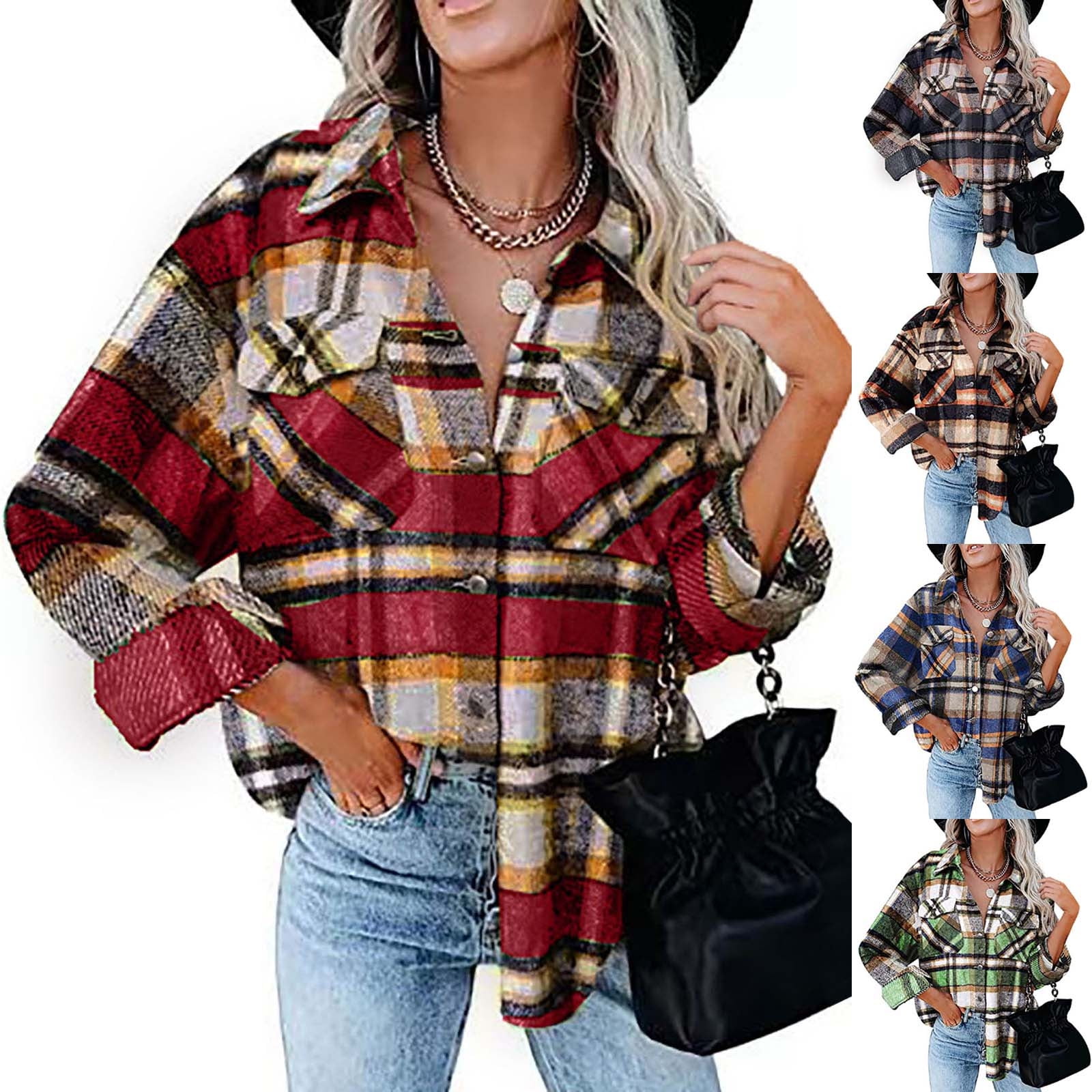 DDAPJ pyju Womens Plaid Shacket Wool Blend Shirt Jacket Checkered Work ...