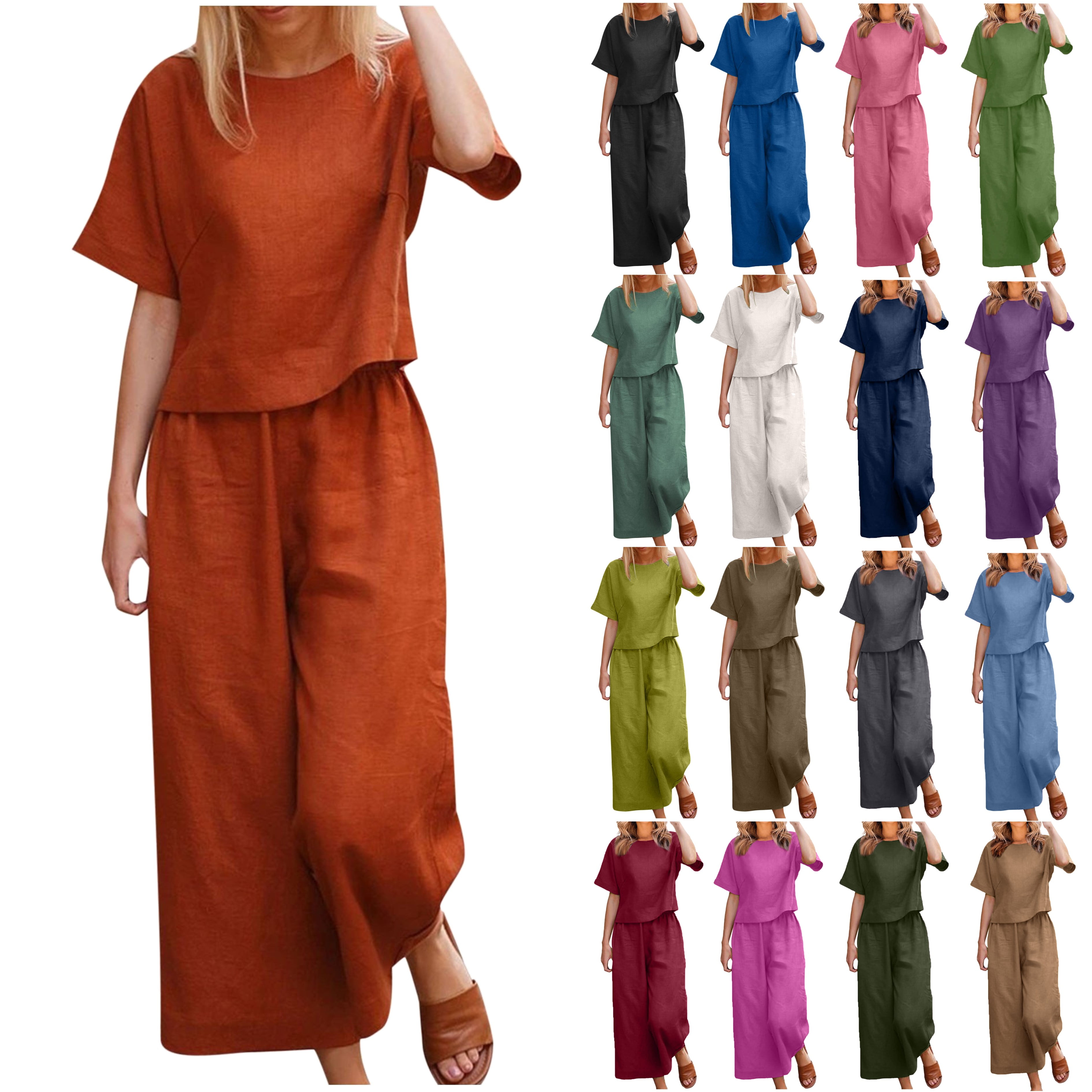 DDAPJ pyju Womens Plus Size Cotton Linen Lounge Sets 2 Piece Travel ...