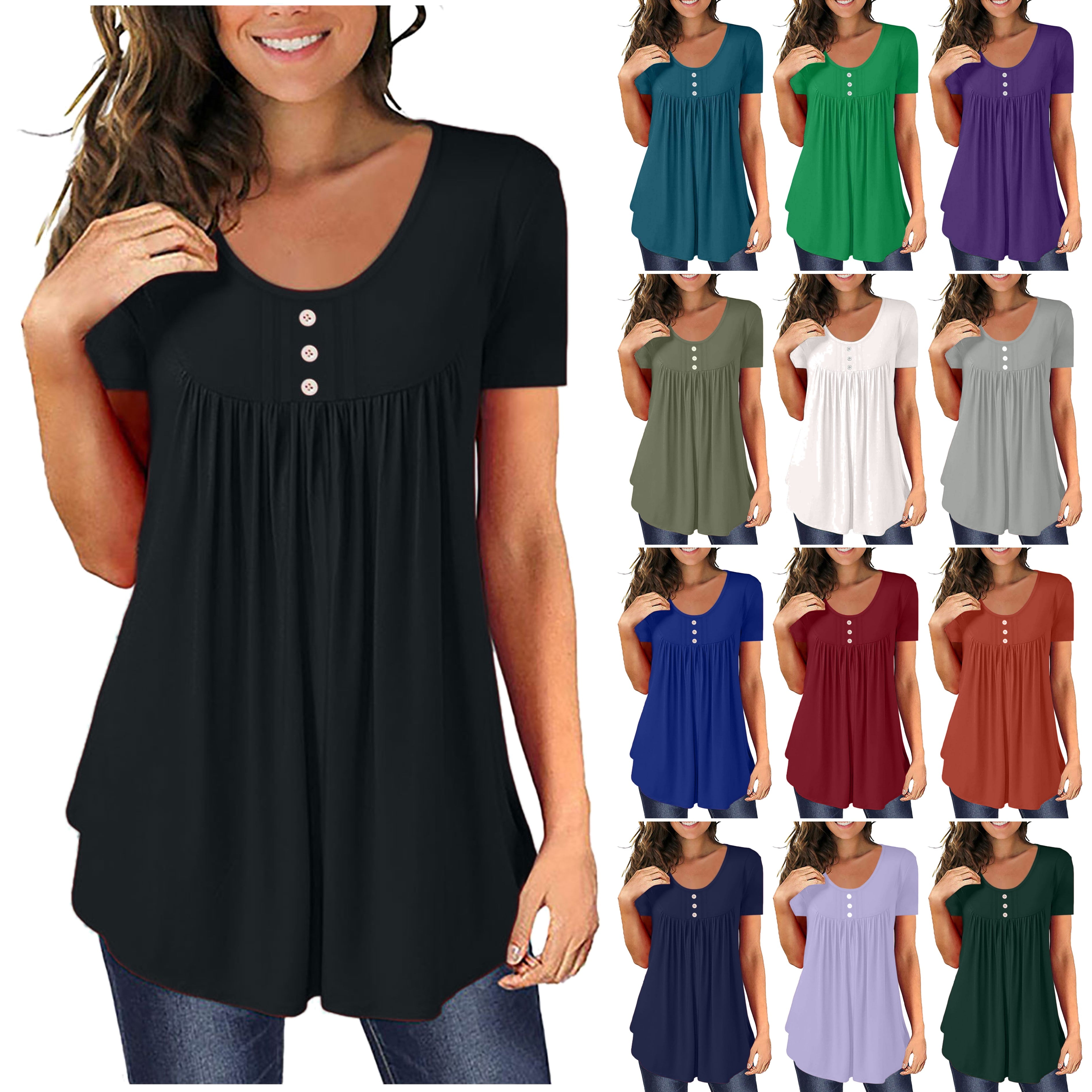 DDAPJ pyju Womens Plus Size Tunic Tops Short Sleeve Hide Belly Shirt ...