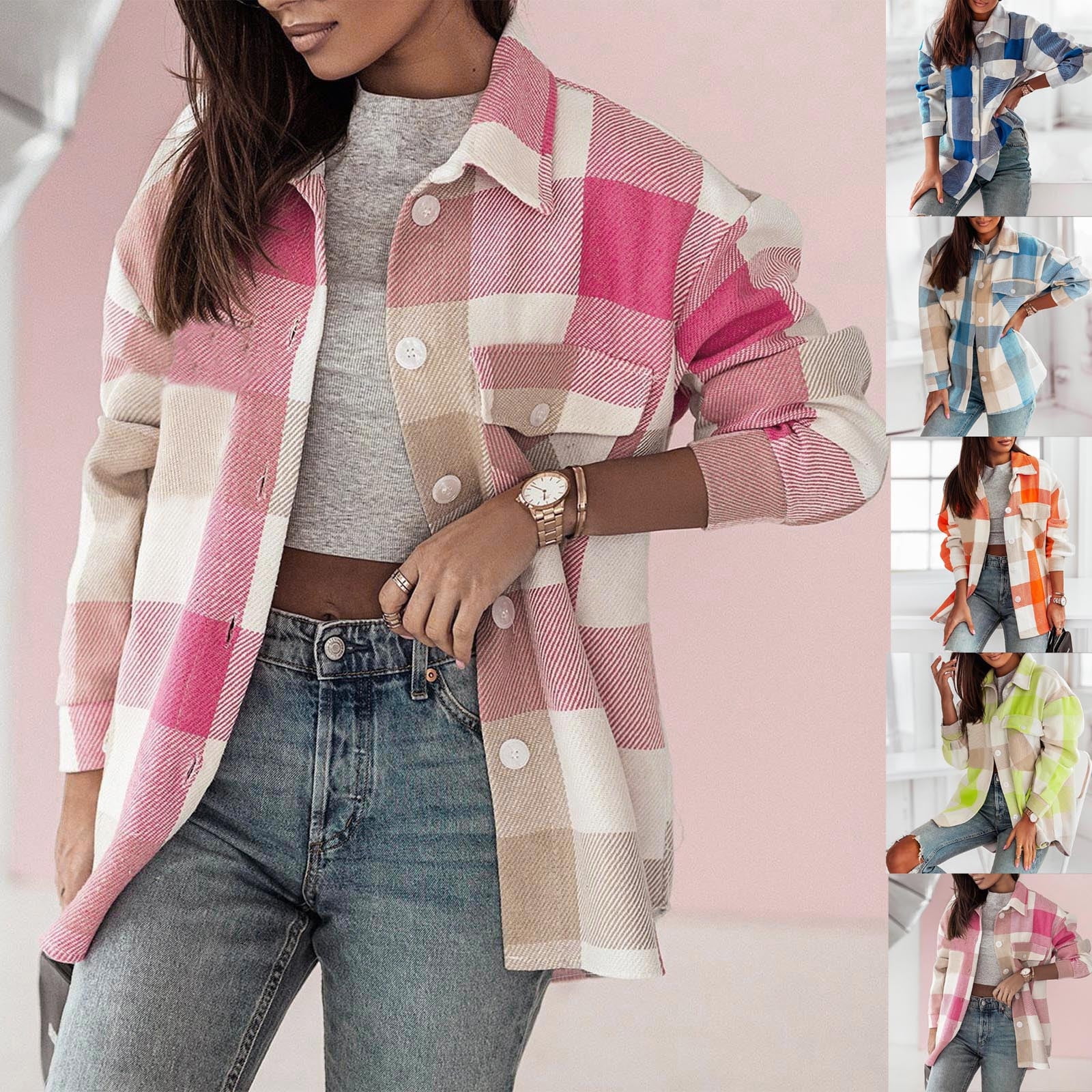 DDAPJ pyju Womens Shacket Jacket Fall Fashion Plaid Outerwear Long ...