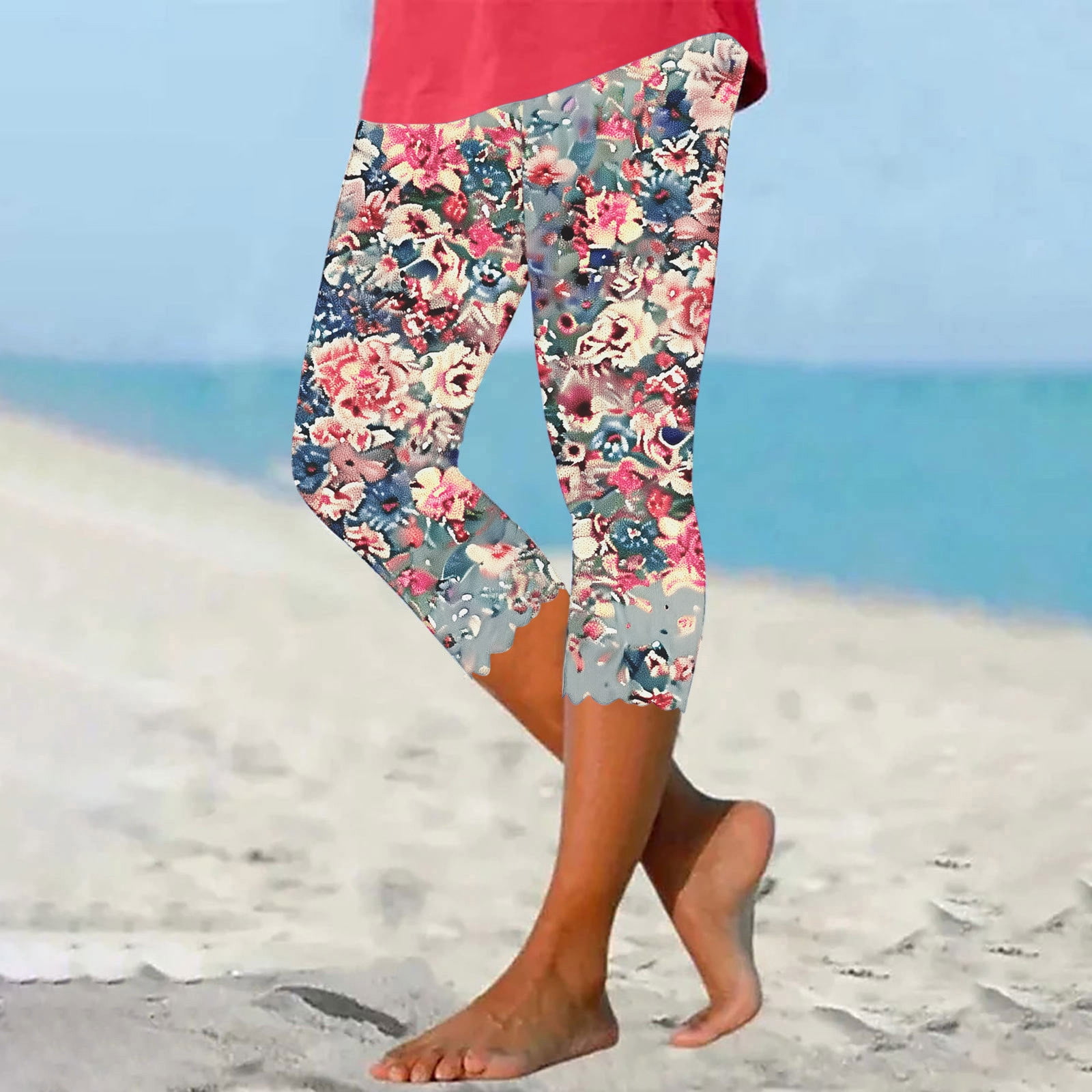 DDAPJ pyju Womens Summer Floral Capris Buttery Soft Capri Leggings High ...