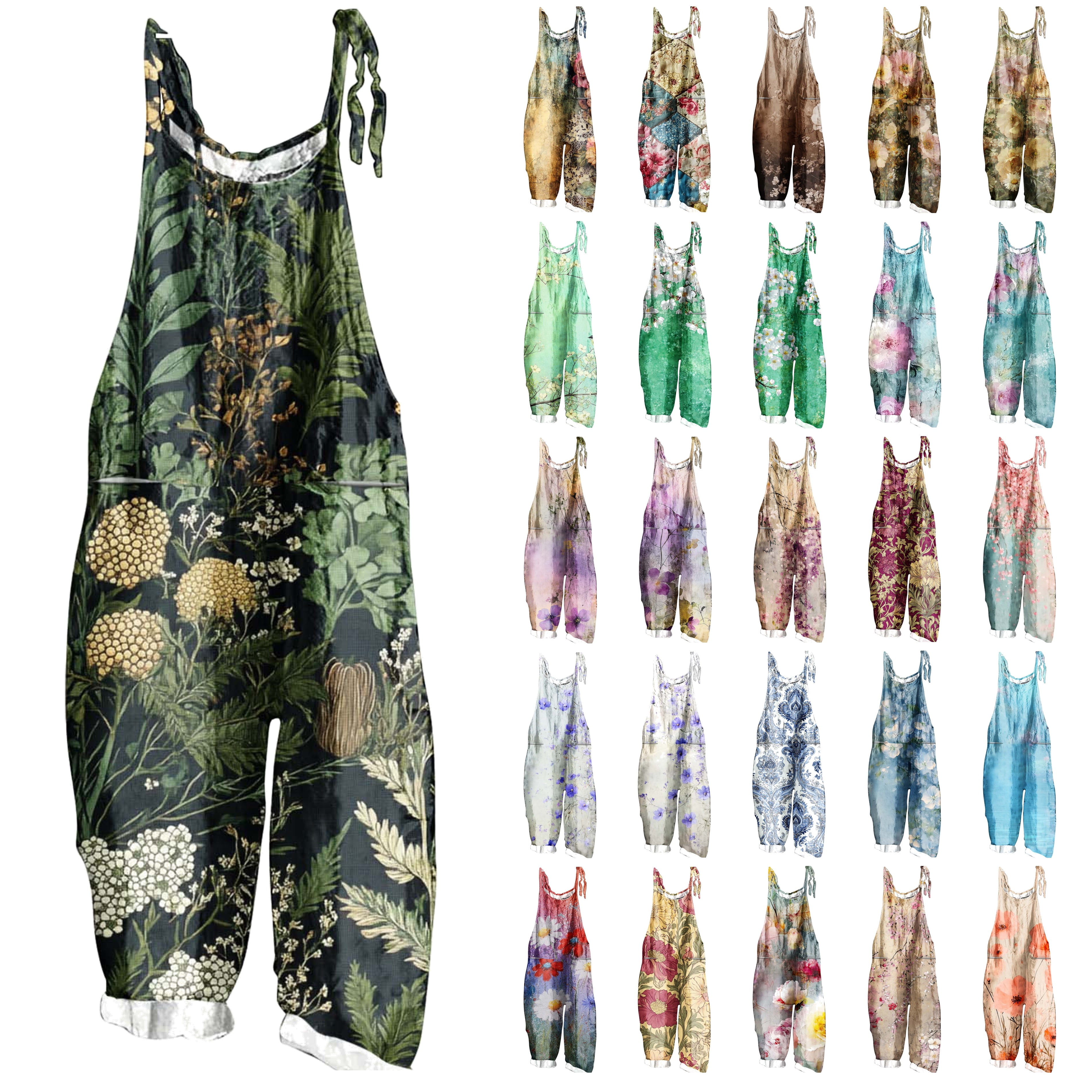 DDAPJ pyju Womens Summer Linen Jumpsuit Vintage Floral Print jumpsuits ...