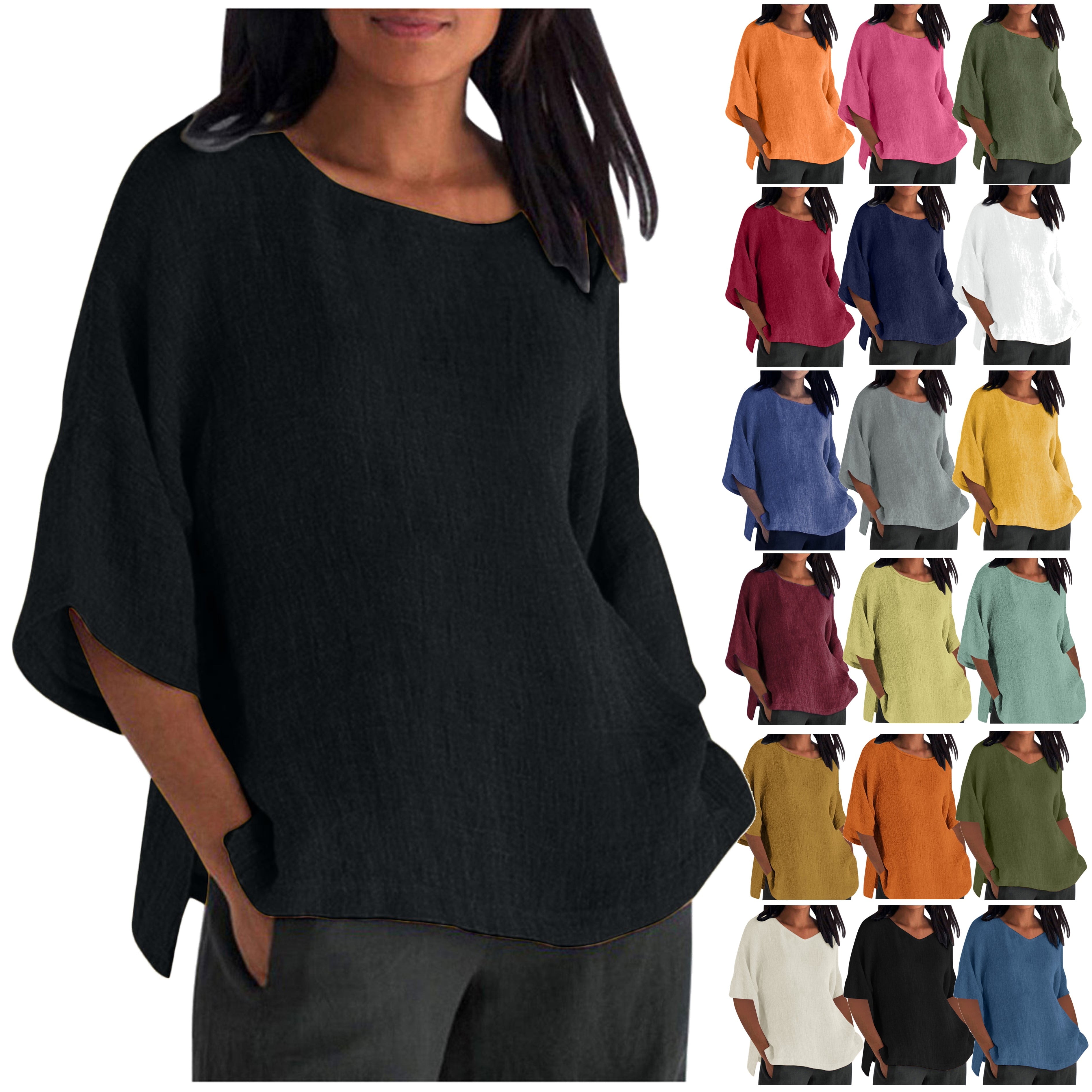 DDAPJ pyju Womens Summer Tops Dressy Casual Linen Shirts Plus Size 3/4 ...