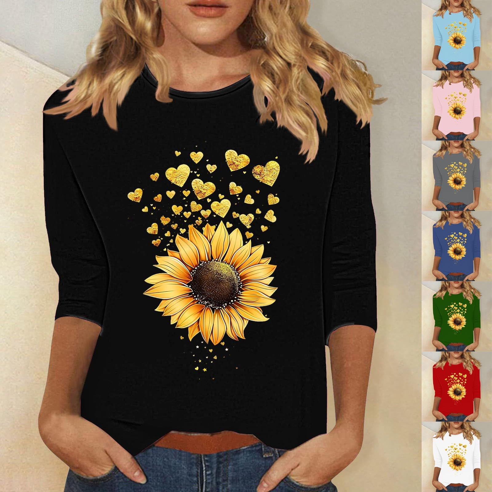 DDAPJ pyju Womens Sunflower Shirt 3/4 Sleeve Cute Tops Floral Heart ...