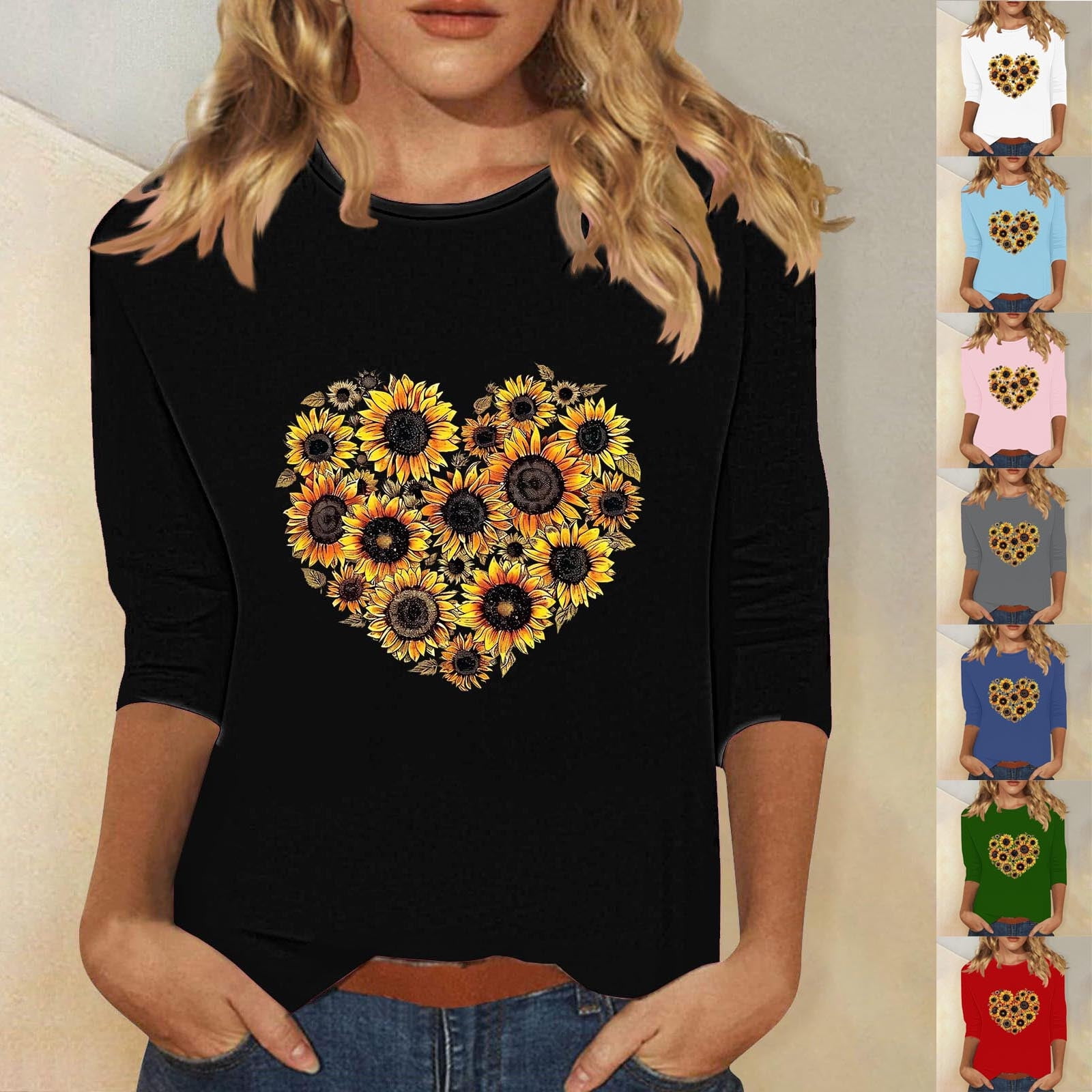 DDAPJ pyju Womens Sunflower Tops Dressy Casual Round Neck Floral Blouse ...