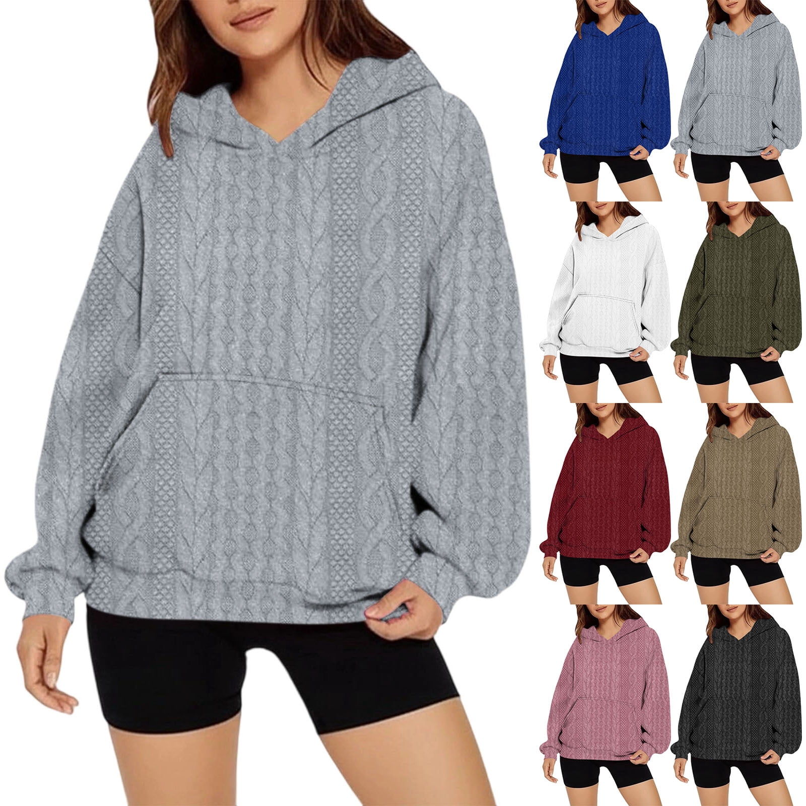 DDAPJ pyju Womens Textured Hoodie Long Sleeve Knitting Hooded ...
